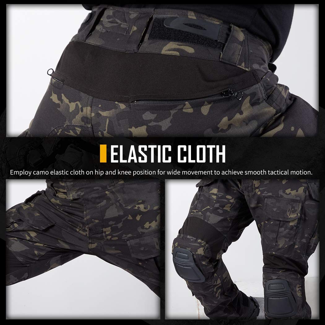 IDOGEAR G3 Combat Pants camo Men Pants with Knee Pads Airsoft Hunting Military Paintball Tactical Camo Trousers (camo Black, 32W x 32L)
