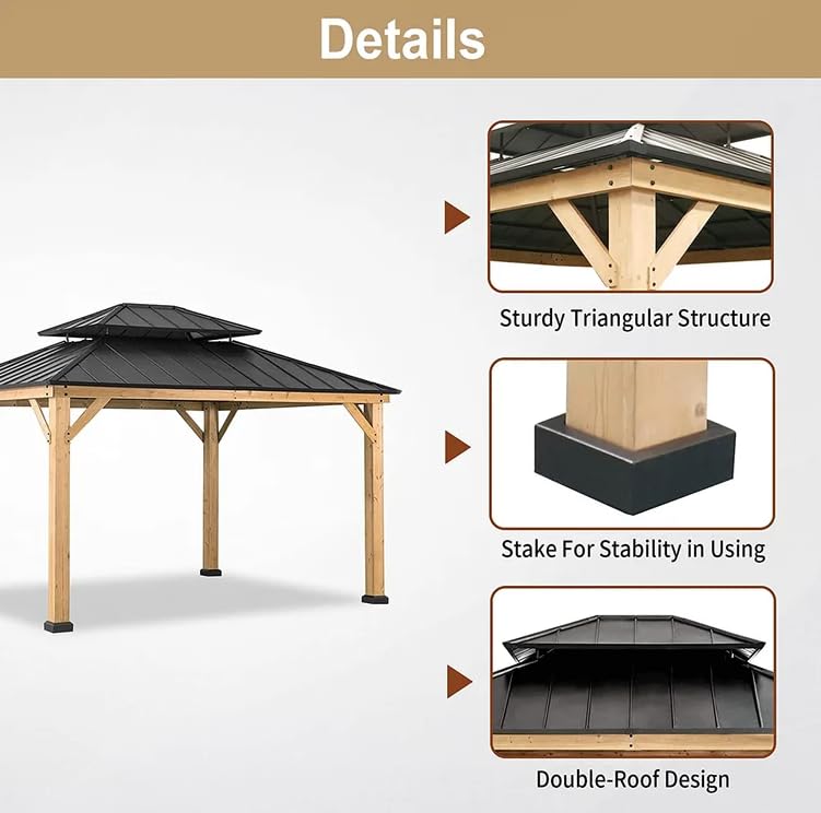 10' x 12' Hardtop Gazebo Solid Cedar Wood Gazebo with Galvanized Steel Double Roof, Outdoor Permanent Gazebo with Curtains and Netting for Patio Backyard Deck Lawn