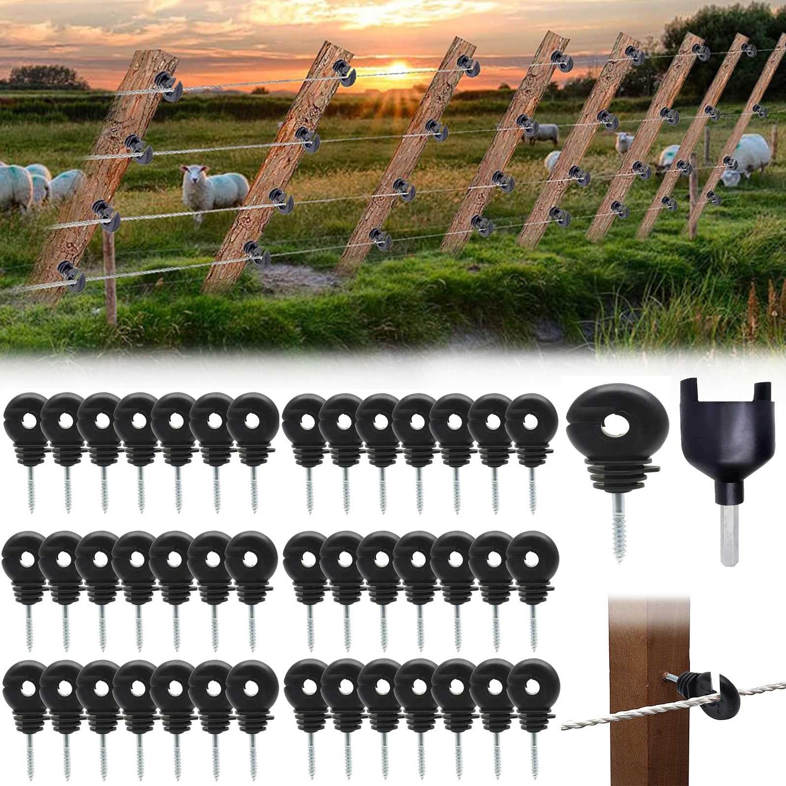 100 pcs Electric Fence Insulators Screw, Electric Fence Posts, Electric Fencing Posts for Wood Post Sun Protection & Rainproof, Screw in Ring Insulators
