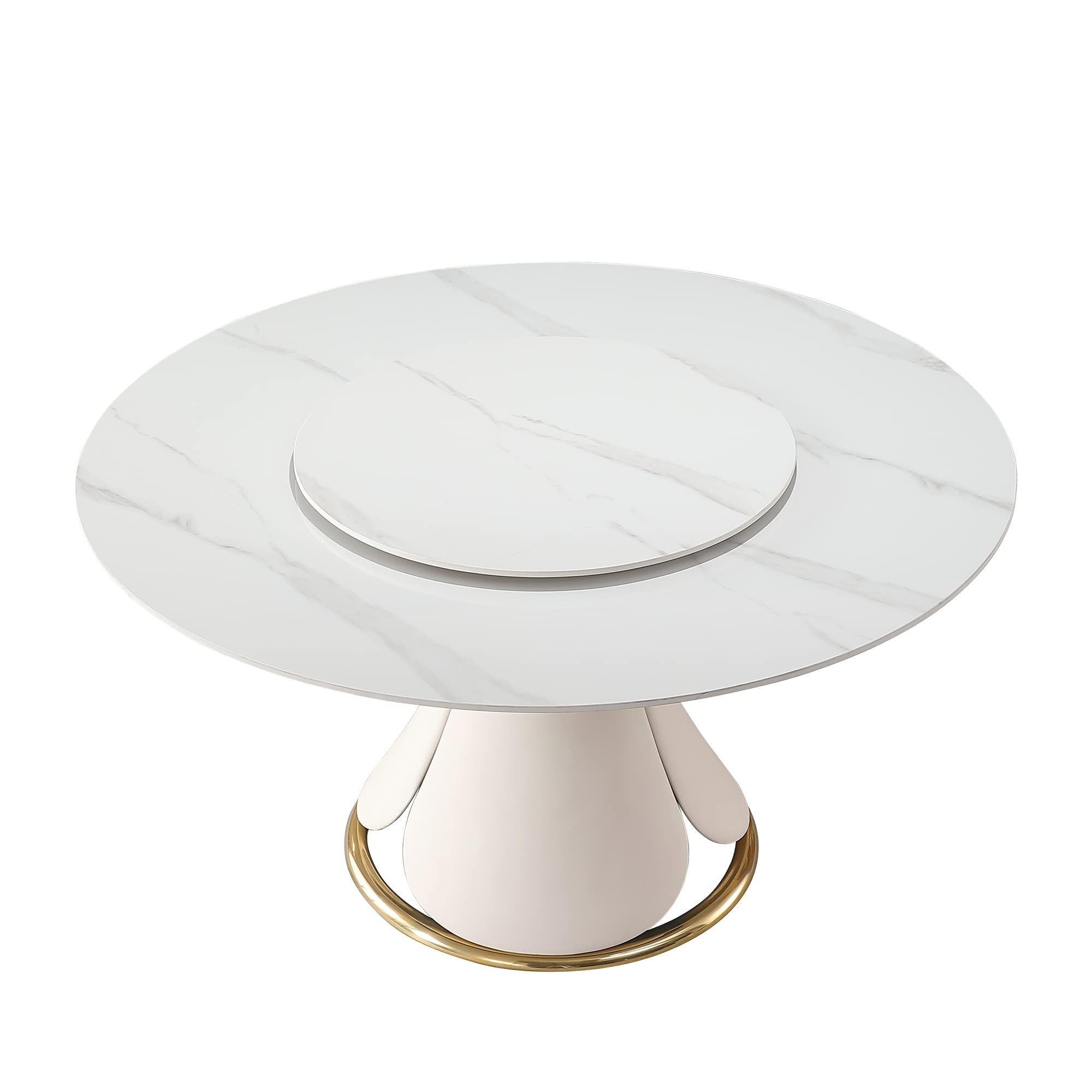 Voohek, Beige 59" Modern Sintered Stone Dining Table with Round-Shaped Metal Exquisite Pedestal Base and 31.5" Turntable, for Home, Kitchen, Living Room