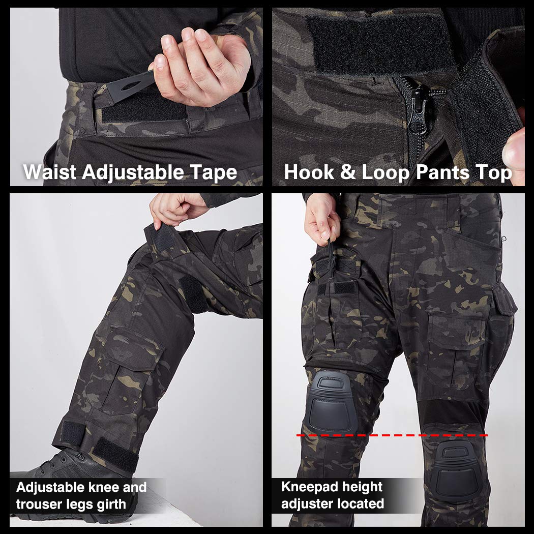 IDOGEAR G3 Combat Pants camo Men Pants with Knee Pads Airsoft Hunting Military Paintball Tactical Camo Trousers (camo Black, 32W x 32L)