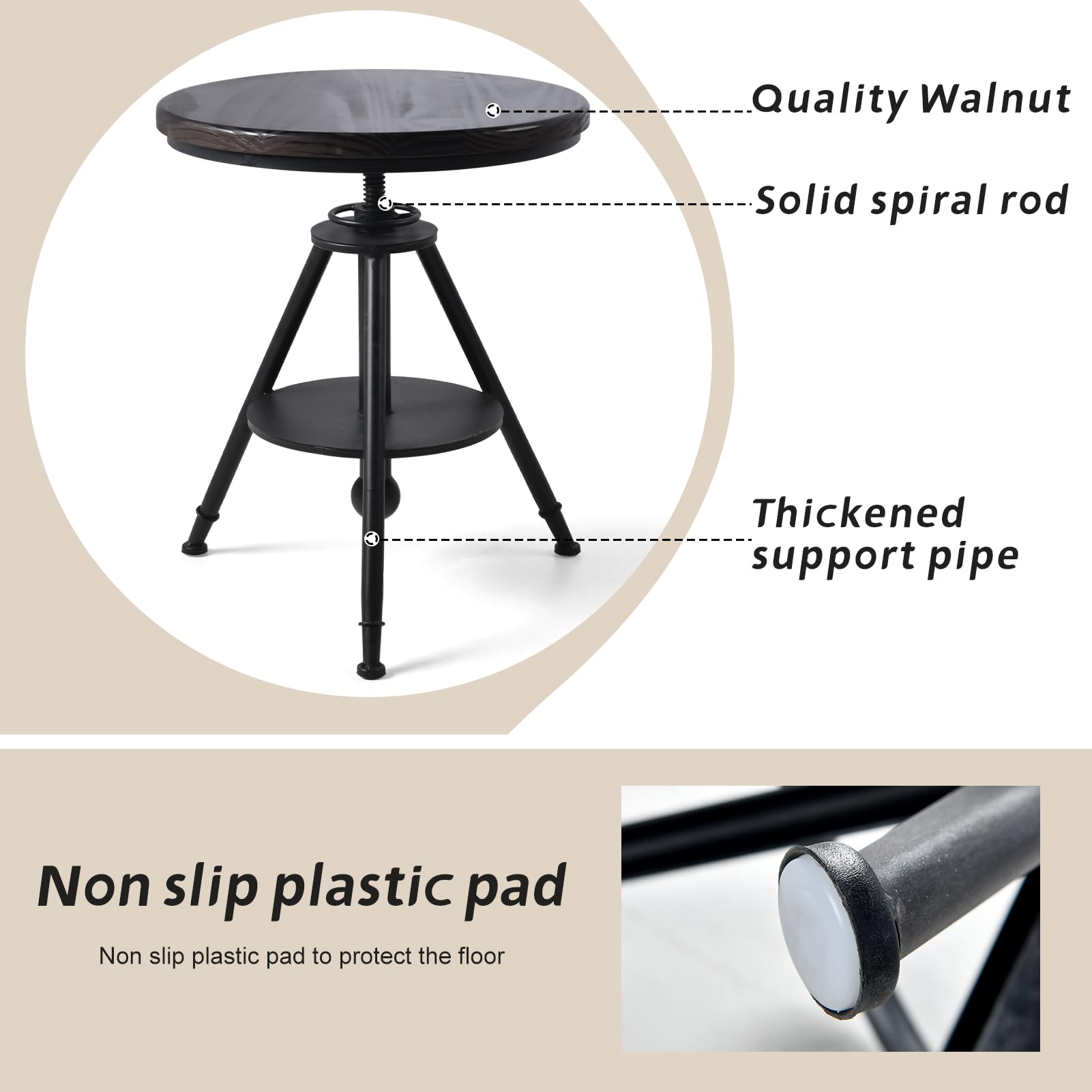 BOKKOLIK Industrial Bistro Table Vintage Small Cafe Table Farmhouse Round Dining Table for Kitchen Rustic Side Table Swivel Wooden Top 21-29inch Height Adjustable