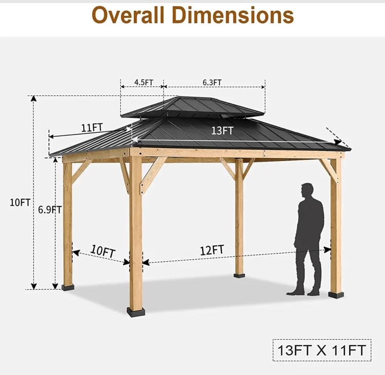 10' x 12' Hardtop Gazebo Solid Cedar Wood Gazebo with Galvanized Steel Double Roof, Outdoor Permanent Gazebo with Curtains and Netting for Patio Backyard Deck Lawn