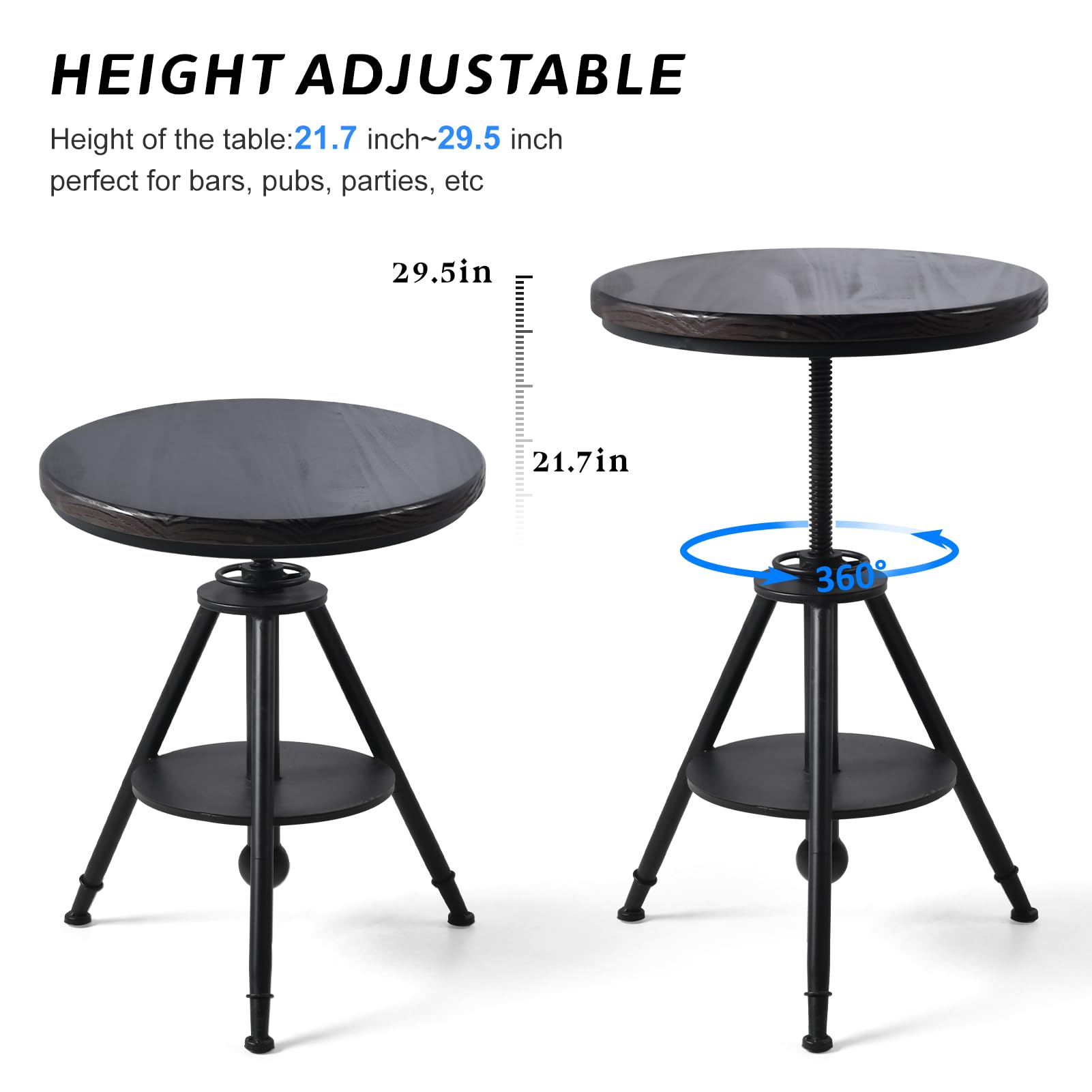 BOKKOLIK Industrial Bistro Table Vintage Small Cafe Table Farmhouse Round Dining Table for Kitchen Rustic Side Table Swivel Wooden Top 21-29inch Height Adjustable