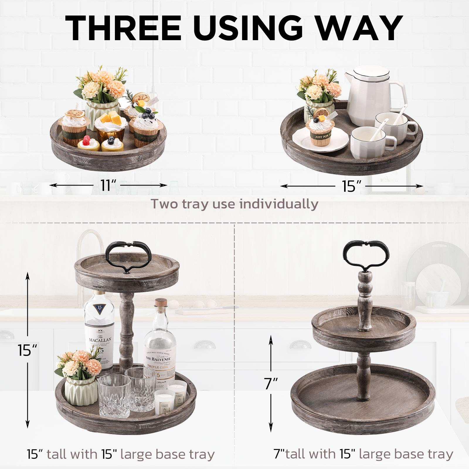 HYGGEISM Two Tier Tray Distressed Wood 2 Tiered Serving Tray Farmhouse, Decorative Wooden Rustic Cake Stand for Kitchen Counter Table, Coffee Bar Decor (Heart-Shaped Handle)