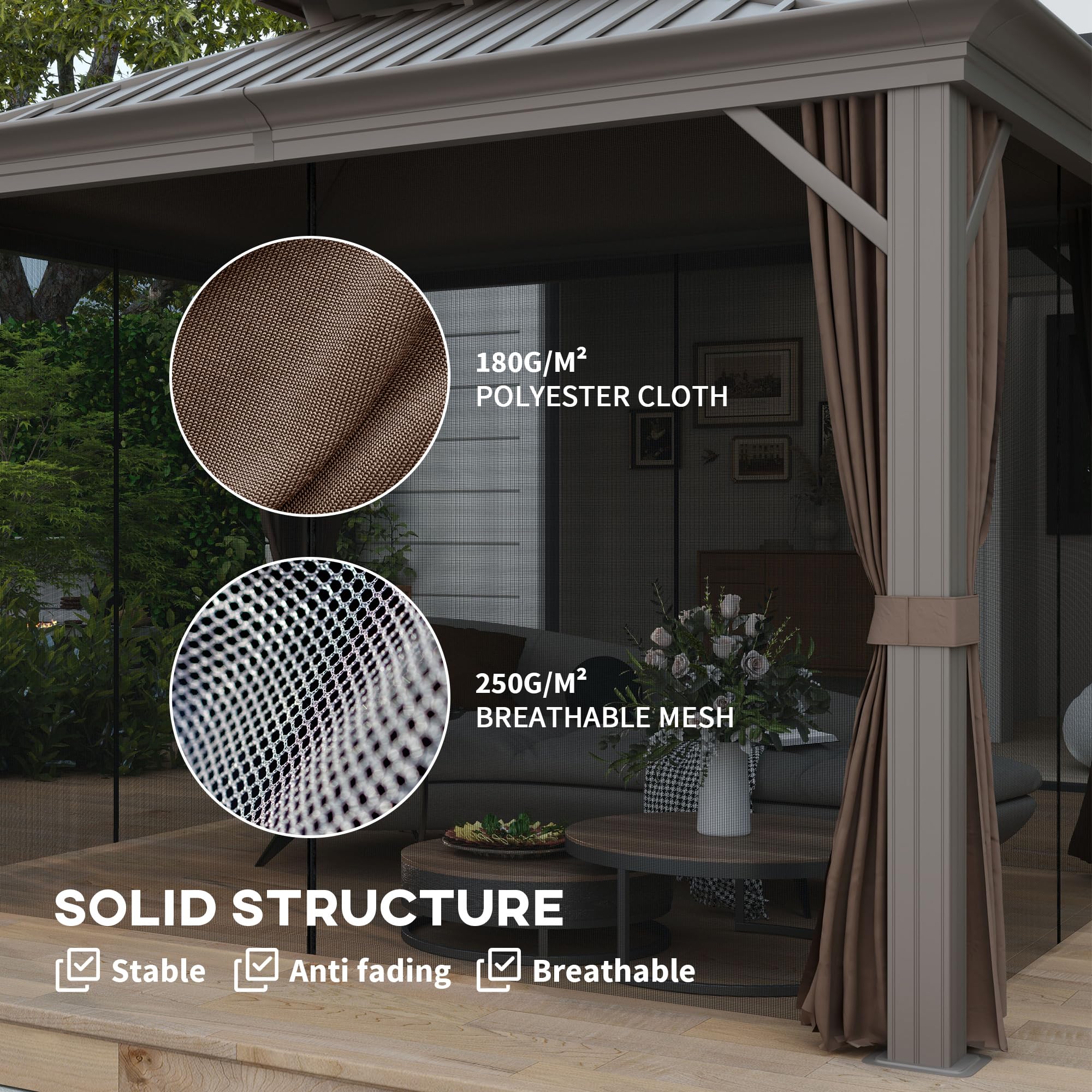 Outsunny 10' x 12' Hardtop Gazebo with Curtains and Netting, Permanent Pavilion Metal Double Roof Gazebo Canopy with Aluminum Frame and Hooks, for Garden, Patio, Backyard, Dark Brown