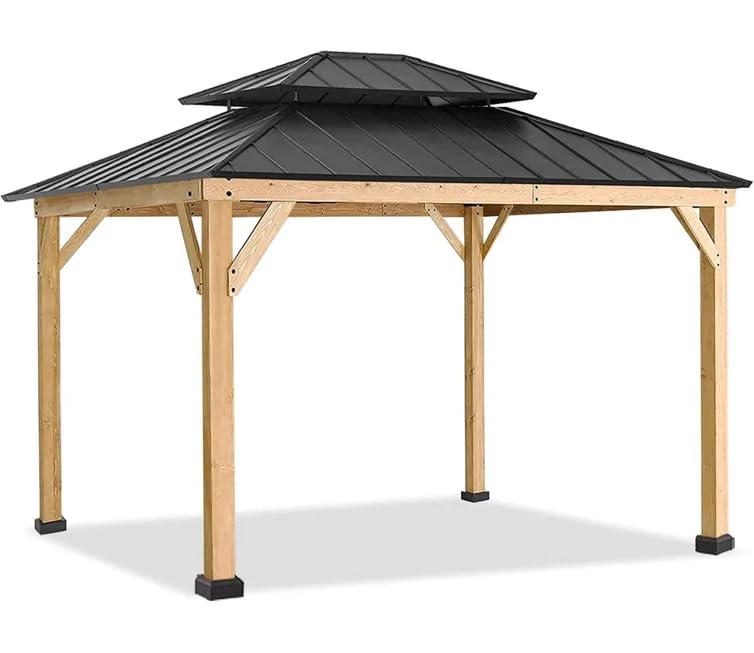 10' x 12' Hardtop Gazebo Solid Cedar Wood Gazebo with Galvanized Steel Double Roof, Outdoor Permanent Gazebo with Curtains and Netting for Patio Backyard Deck Lawn