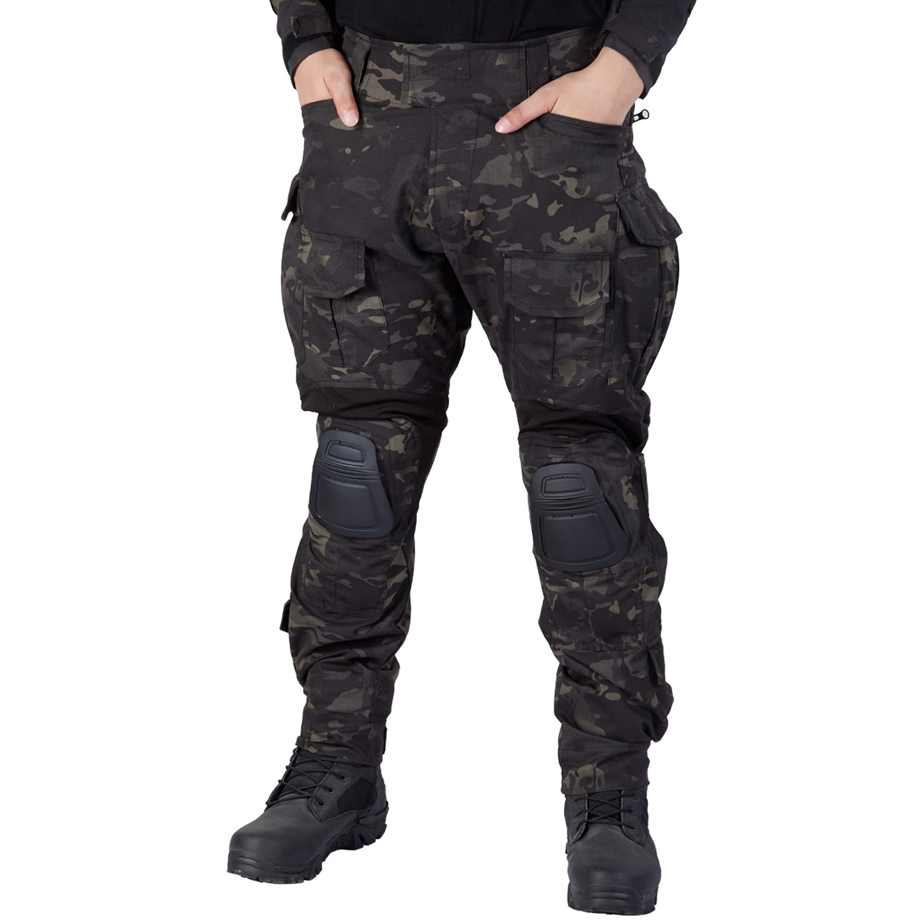 IDOGEAR G3 Combat Pants camo Men Pants with Knee Pads Airsoft Hunting Military Paintball Tactical Camo Trousers (camo Black, 32W x 32L)