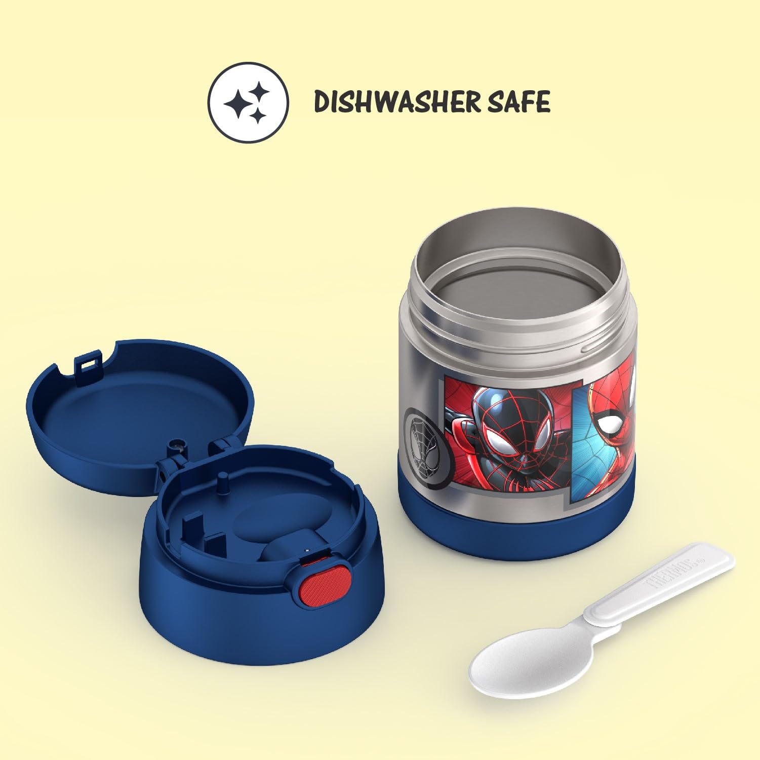THERMOS FUNTAINER Insulated Food Jar, 10 Ounce, Kid Friendly Food Jar with Foldable Spoon, Spider-Man