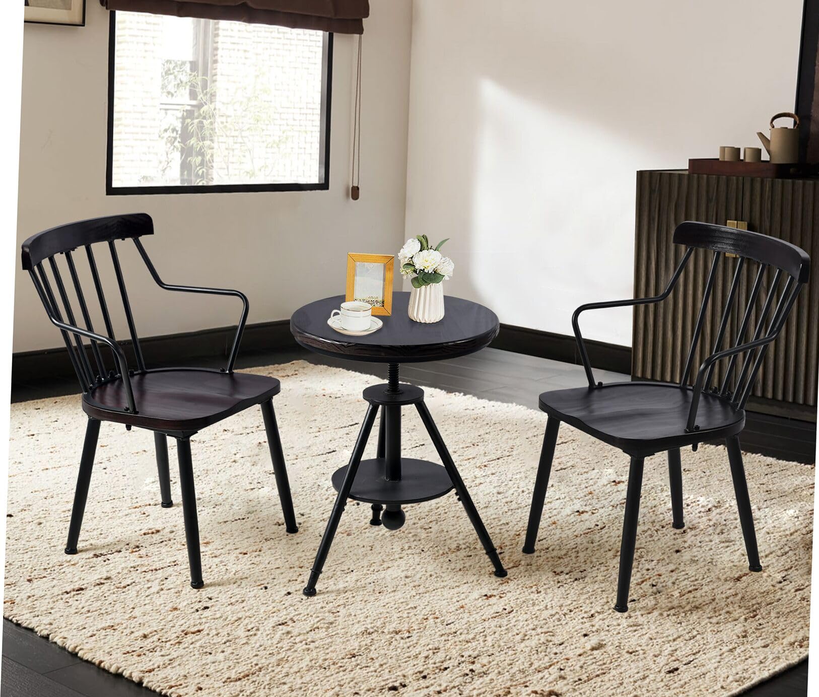 BOKKOLIK Industrial Bistro Table Vintage Small Cafe Table Farmhouse Round Dining Table for Kitchen Rustic Side Table Swivel Wooden Top 21-29inch Height Adjustable