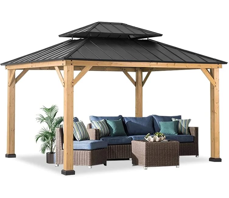 10' x 12' Hardtop Gazebo Solid Cedar Wood Gazebo with Galvanized Steel Double Roof, Outdoor Permanent Gazebo with Curtains and Netting for Patio Backyard Deck Lawn