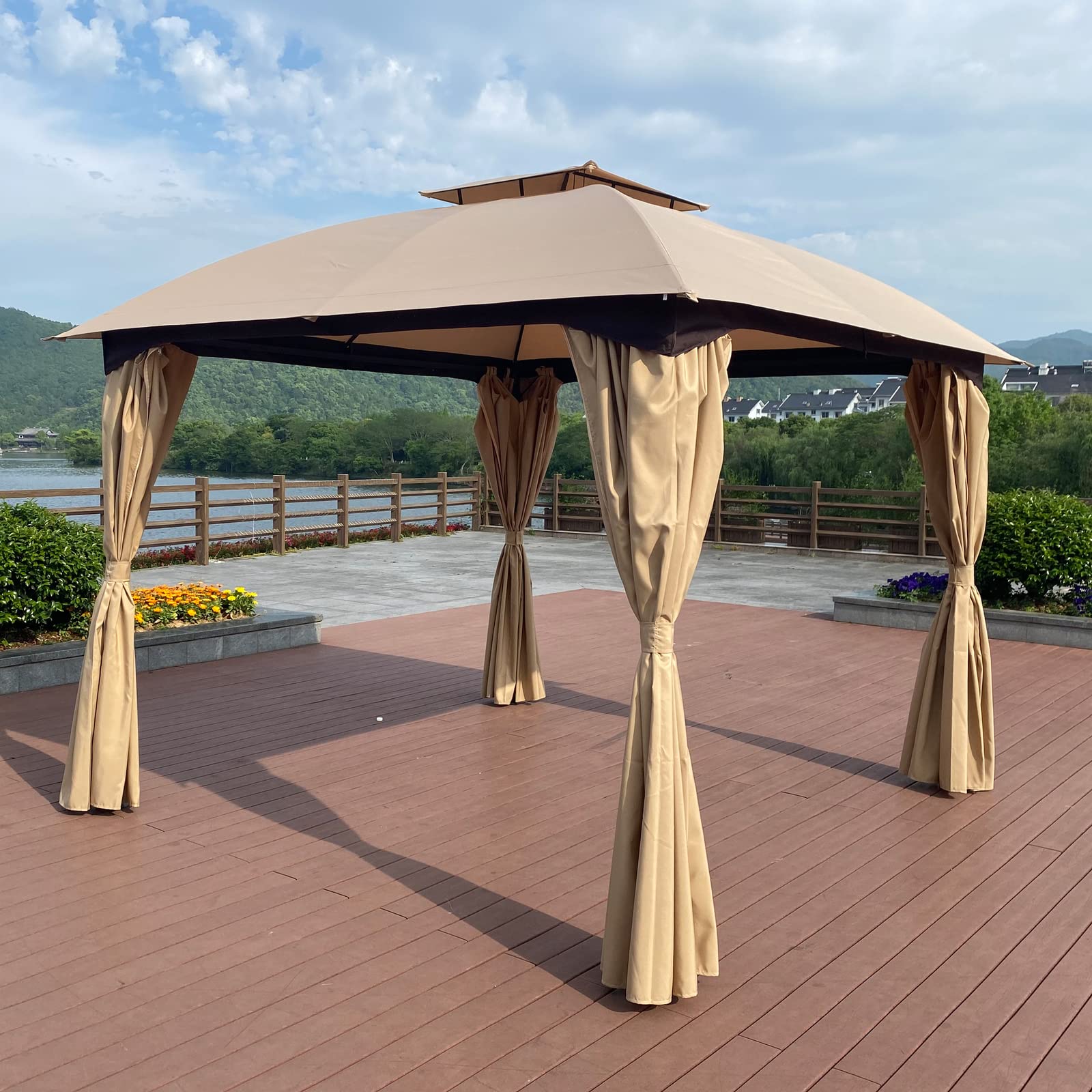 10 X 10ft Hardtop Gazebo, Double Roof Gazebo with Nettings, Outdoor Steel Frame Vertical Stripes Roof Permanent for Patio, Backyard, Lawns,Khaki