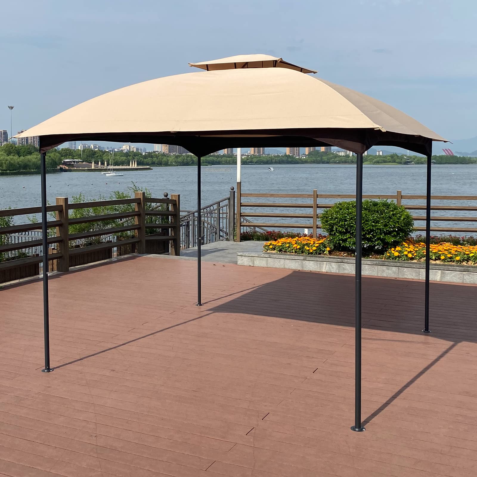 10 X 10ft Hardtop Gazebo, Double Roof Gazebo with Nettings, Outdoor Steel Frame Vertical Stripes Roof Permanent for Patio, Backyard, Lawns,Khaki