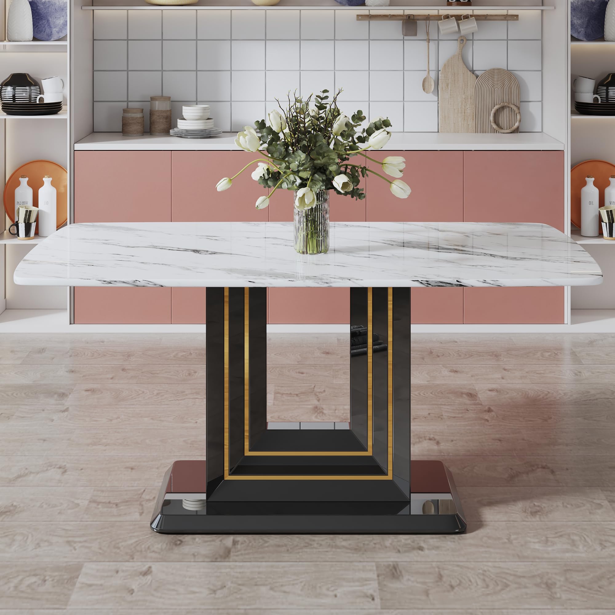 Maotifeys Luxury Faux Marble Dining Table for 6 Rectangular Kitchen Table with Black Gold Pedestal Base Elegant White Marble Dinner Table for 4-6 People in Kitchen Dining Room Office