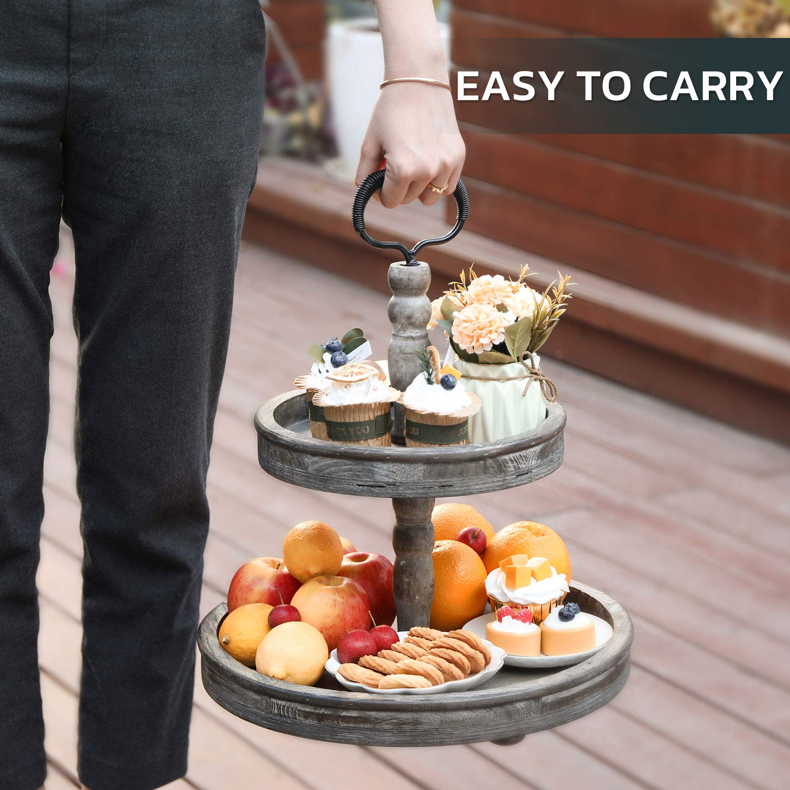 HYGGEISM Two Tier Tray Distressed Wood 2 Tiered Serving Tray Farmhouse, Decorative Wooden Rustic Cake Stand for Kitchen Counter Table, Coffee Bar Decor (Heart-Shaped Handle)