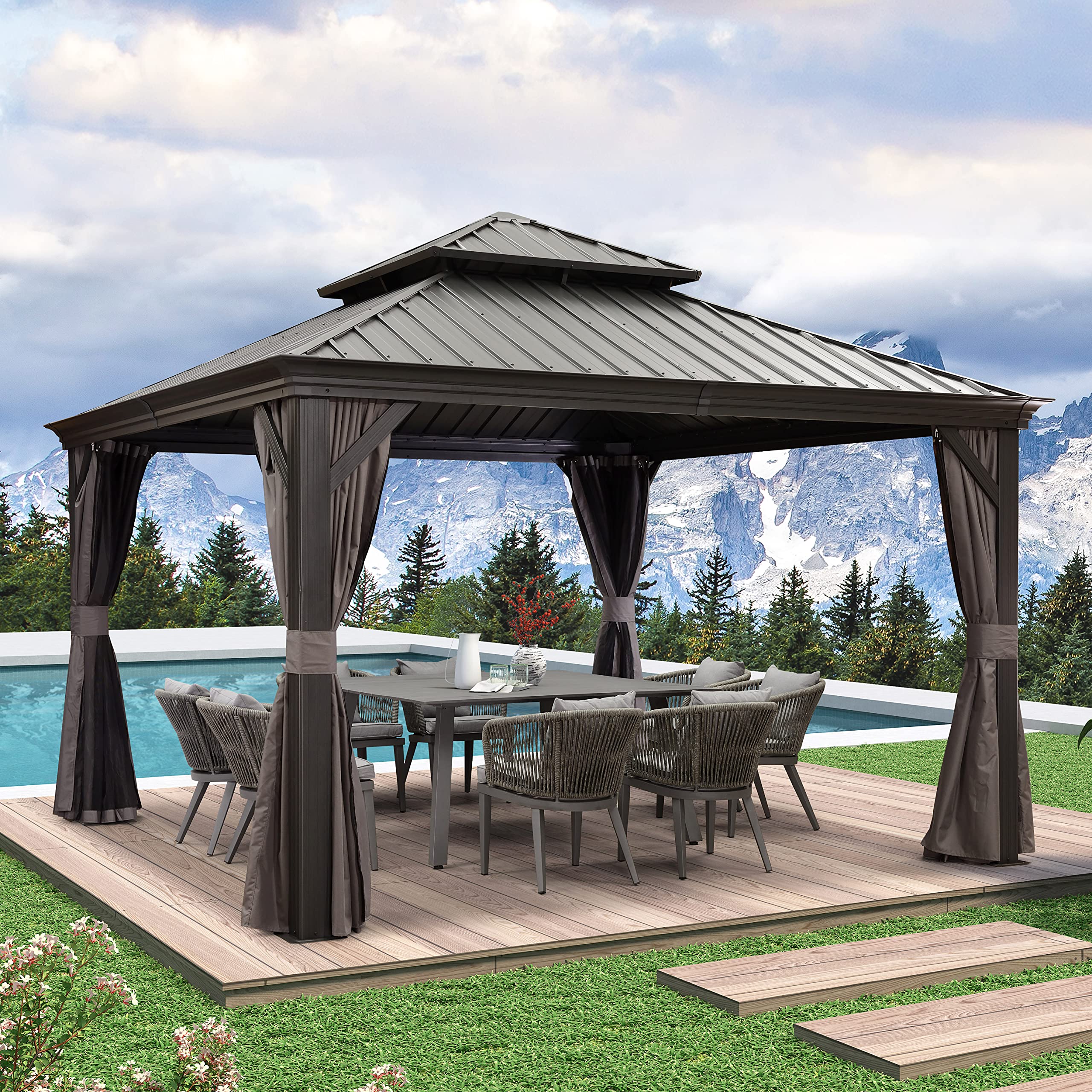 PURPLE LEAF 12' X 12' Permanent Hardtop Gazebo Aluminum Gazebo with Galvanized Steel Double Roof for Patio Lawn and Garden, Curtains and Netting Included, Grey