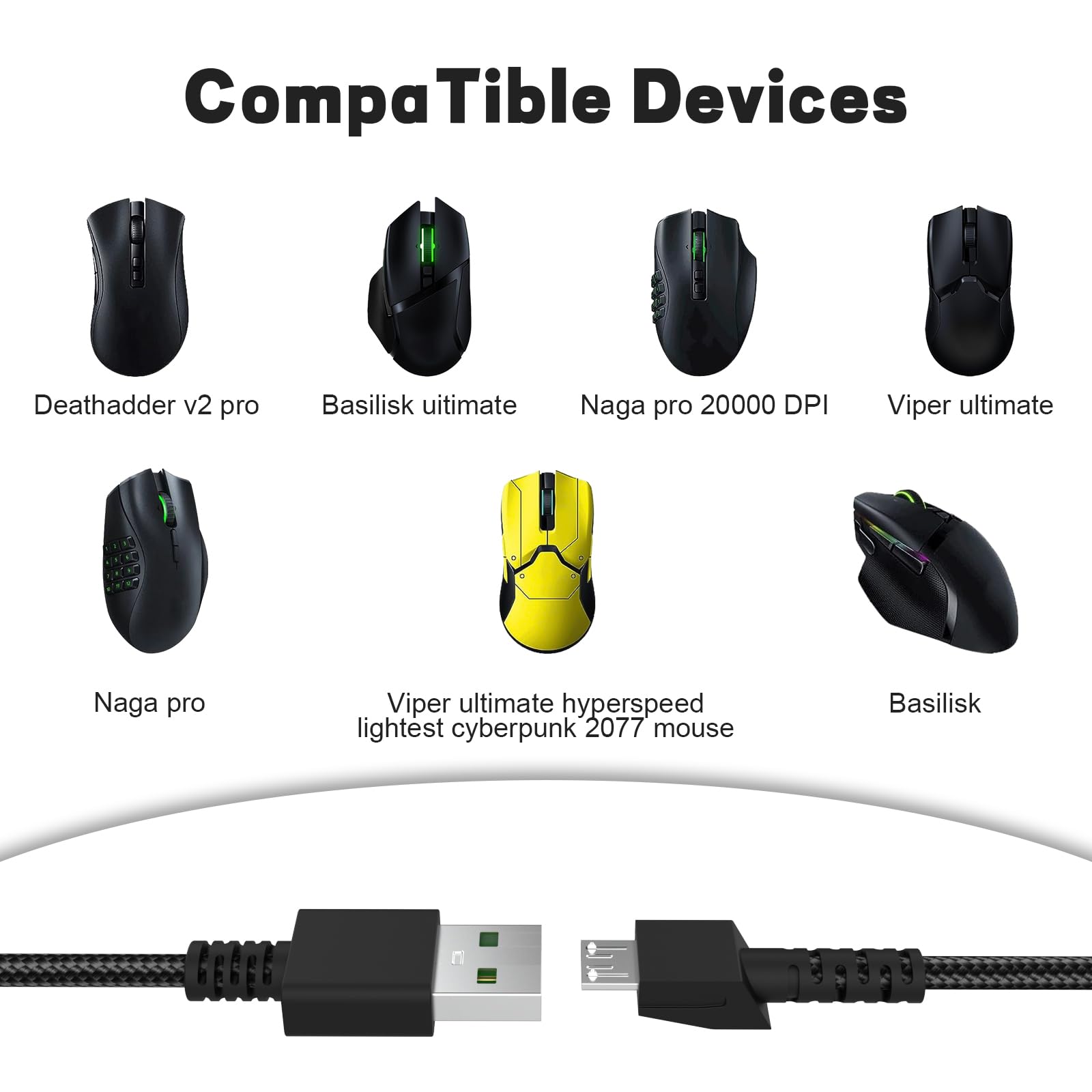 Alitutumao Viper Ultimate Braided Mouse Charging Cable USB Micro Cord Compatible with DeathAdder V2 Pro, Razer Naga Pro, Naga Pro 20000 DPI, Basilisk, Viper Ultimate Wireless Gaming Mouse
