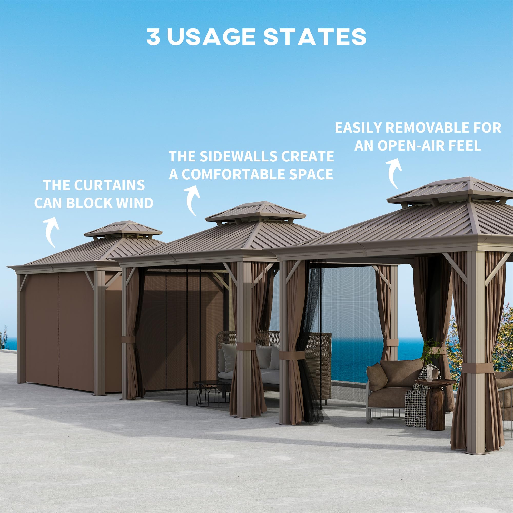 Outsunny 10' x 12' Hardtop Gazebo with Curtains and Netting, Permanent Pavilion Metal Double Roof Gazebo Canopy with Aluminum Frame and Hooks, for Garden, Patio, Backyard, Dark Brown