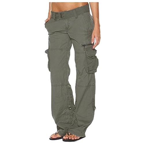 Women 6 Pockets High Waisted Cargo Pants Wide Leg Casual Pants Combat Military Trouser Gray