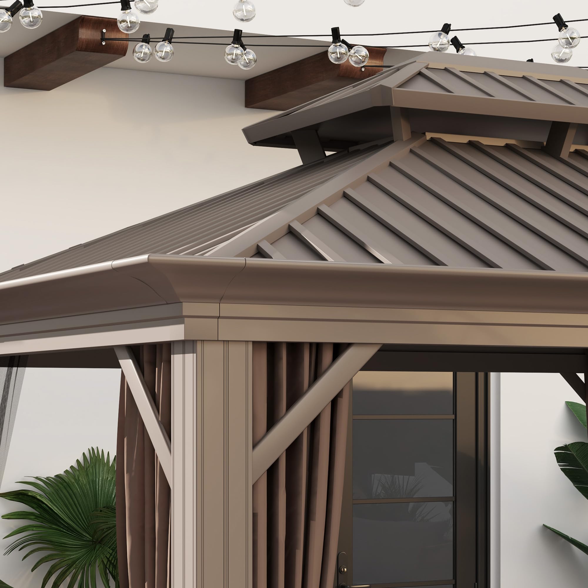 Outsunny 10' x 12' Hardtop Gazebo with Curtains and Netting, Permanent Pavilion Metal Double Roof Gazebo Canopy with Aluminum Frame and Hooks, for Garden, Patio, Backyard, Dark Brown