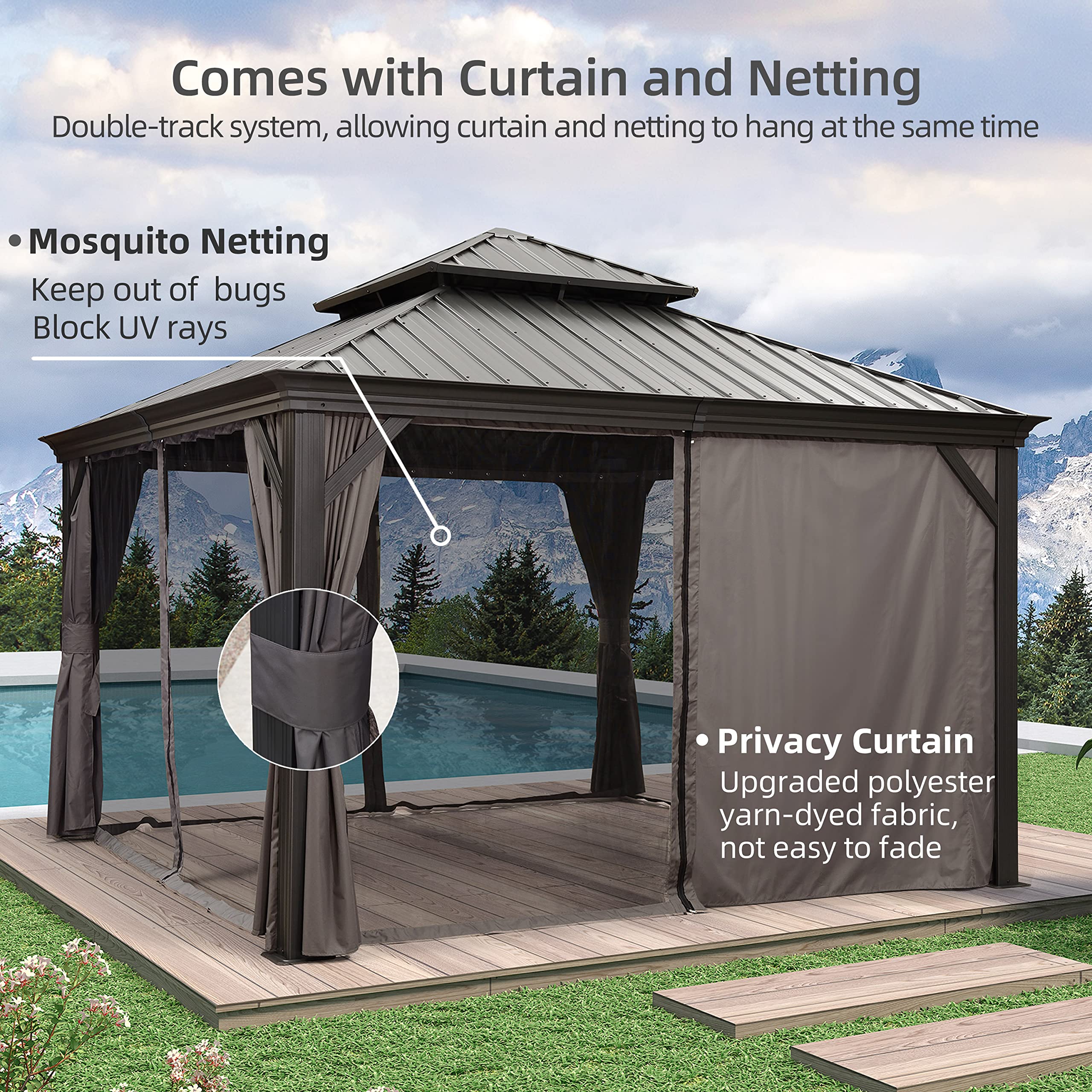 PURPLE LEAF 12' X 12' Permanent Hardtop Gazebo Aluminum Gazebo with Galvanized Steel Double Roof for Patio Lawn and Garden, Curtains and Netting Included, Grey