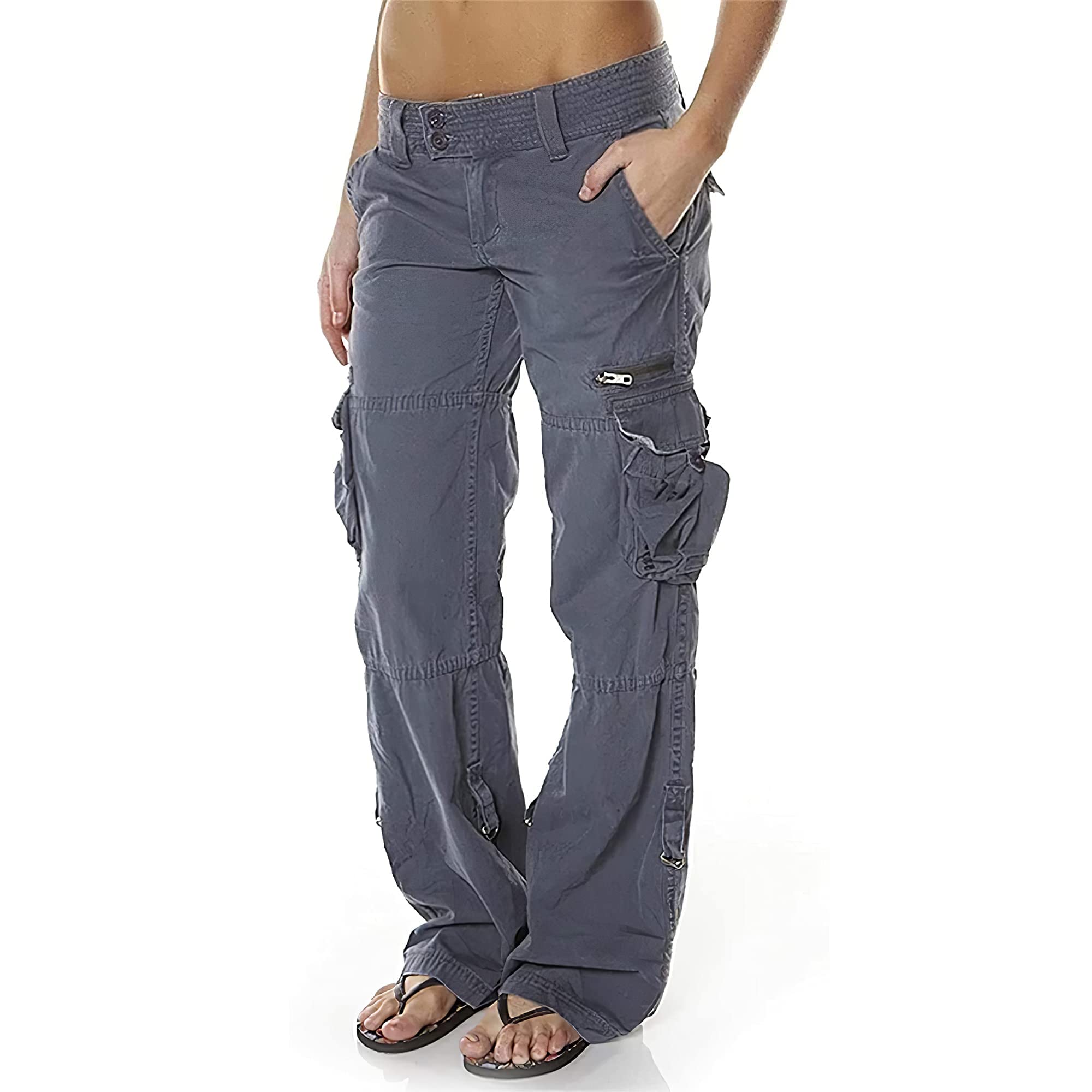 HOTYD Women's Tactical Active Loose Multi-Pockets Cargo Pants Casual Combat Military Trousers Cargo Pants Women p3-Gray Blue L