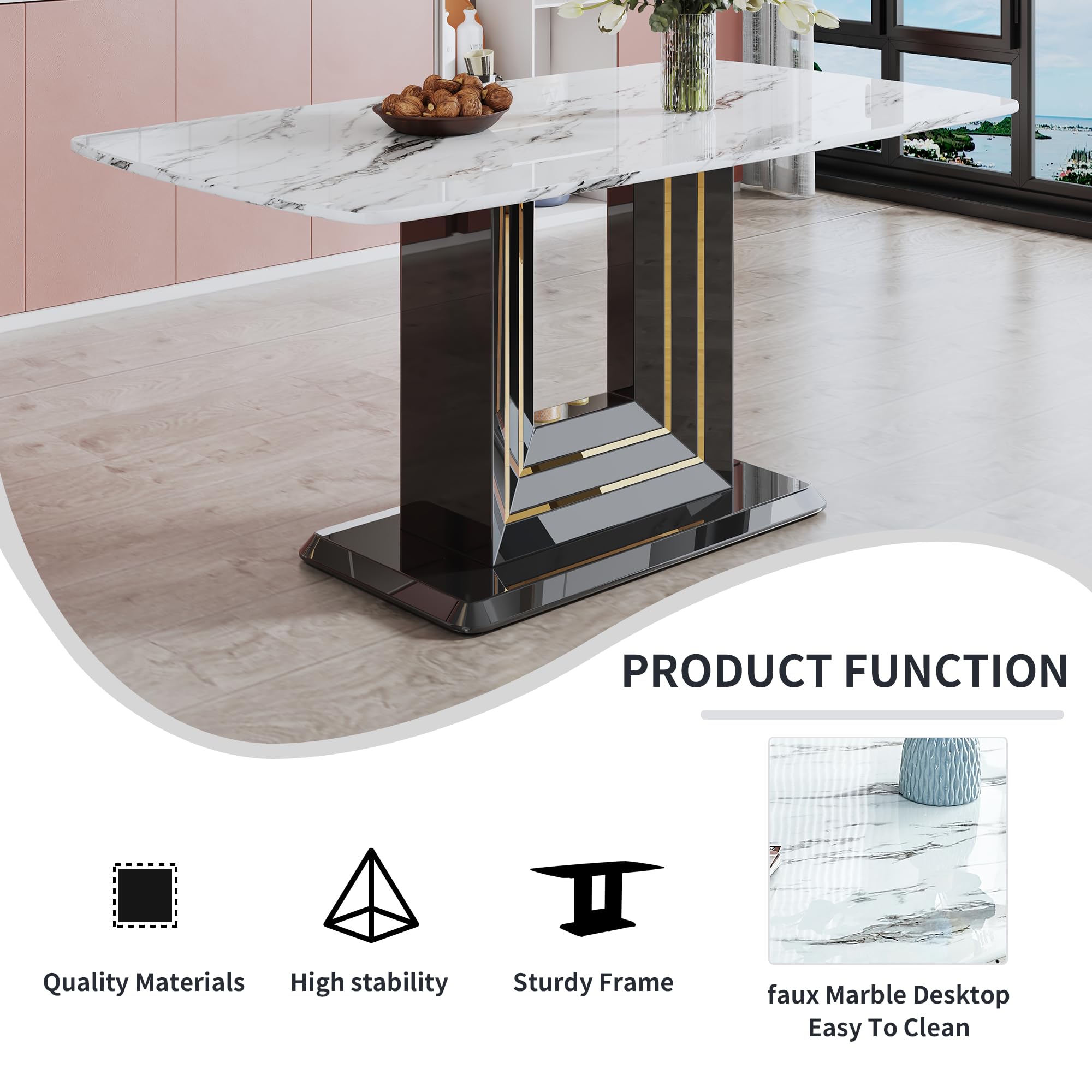 Maotifeys Luxury Faux Marble Dining Table for 6 Rectangular Kitchen Table with Black Gold Pedestal Base Elegant White Marble Dinner Table for 4-6 People in Kitchen Dining Room Office