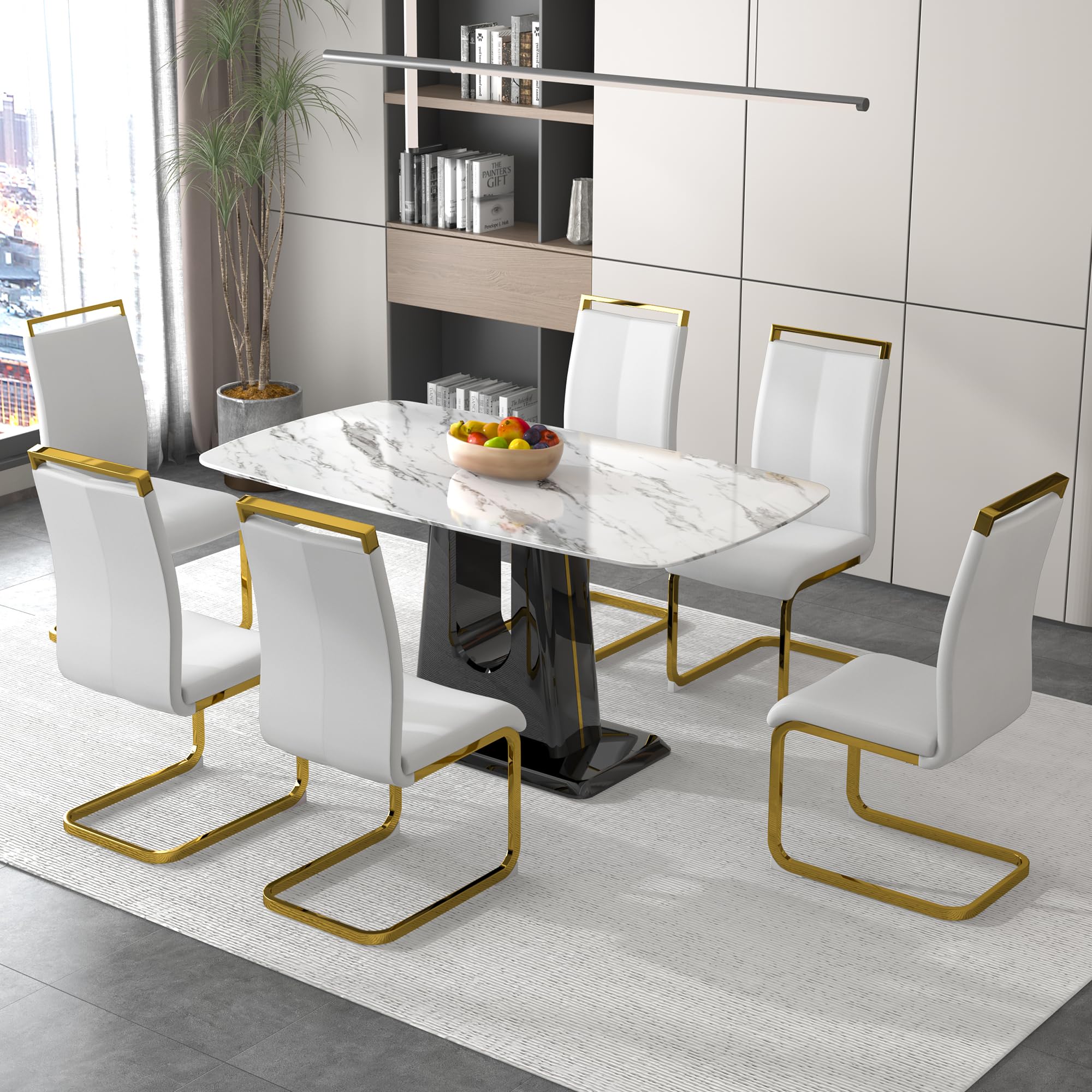 Mcltopz 63" Dining Table for 4-6 People, Modern Rectangular Dining Table with White Faux Marble Veneer Top & High Glossy Black Pedestal Base, Large Dinner Table Kitchen Table for Dining Room, Kitchen