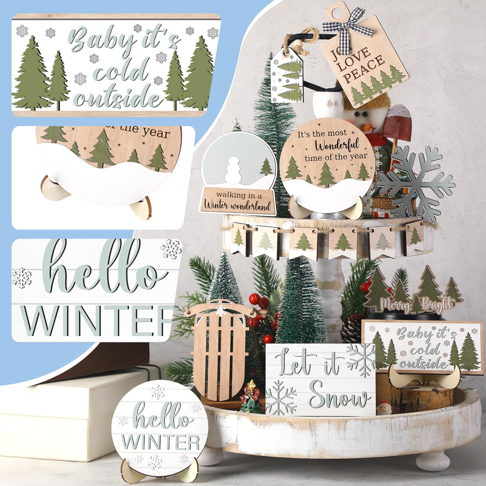 Thyle 16 Pcs Winter Tiered Tray Decor Set Wooden Winter Ornament Rustic Farmhouse Decorations for Gifting Table Home Decor