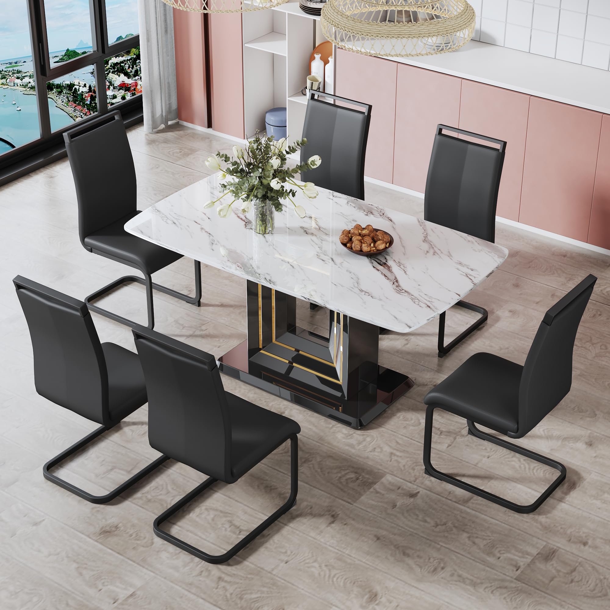 Maotifeys Luxury Faux Marble Dining Table for 6 Rectangular Kitchen Table with Black Gold Pedestal Base Elegant White Marble Dinner Table for 4-6 People in Kitchen Dining Room Office