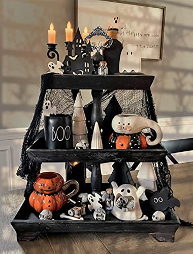Large Rectangle Rustic Wood Three Tiered Tray, 3 Tier Serving for Coffee Bar, Kitchen Counter, Modern Farmhouse Table Decor, Cupcake Stand, Holiday - Felt Creative Home Goods (Black) with 3 Handles
