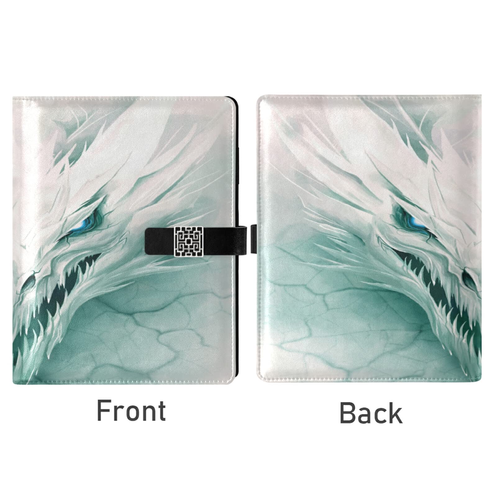 White Ice Dragon in White Stone Digital Painting Ripped Pattern Refillable Journal Writing Notebook, PU Leather Hardcover Diary Note Book, Planner A5 Ruled Notepad for Agenda with Pen Holder