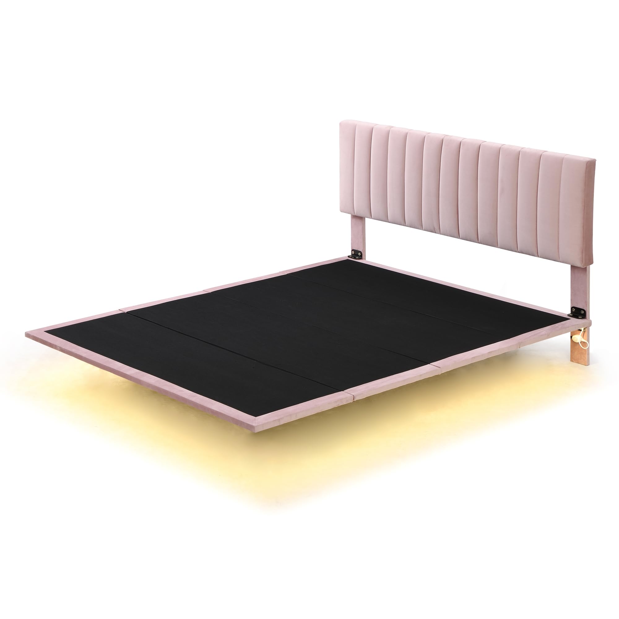 DNYN Upholstered Queen Size Floating Bed Frame with LED Lights & Headboard Design,Modern Velvet Fabric Platform Bedframe for Bedroom,Guest Room,Noise Free & Easy Assembly, Pink