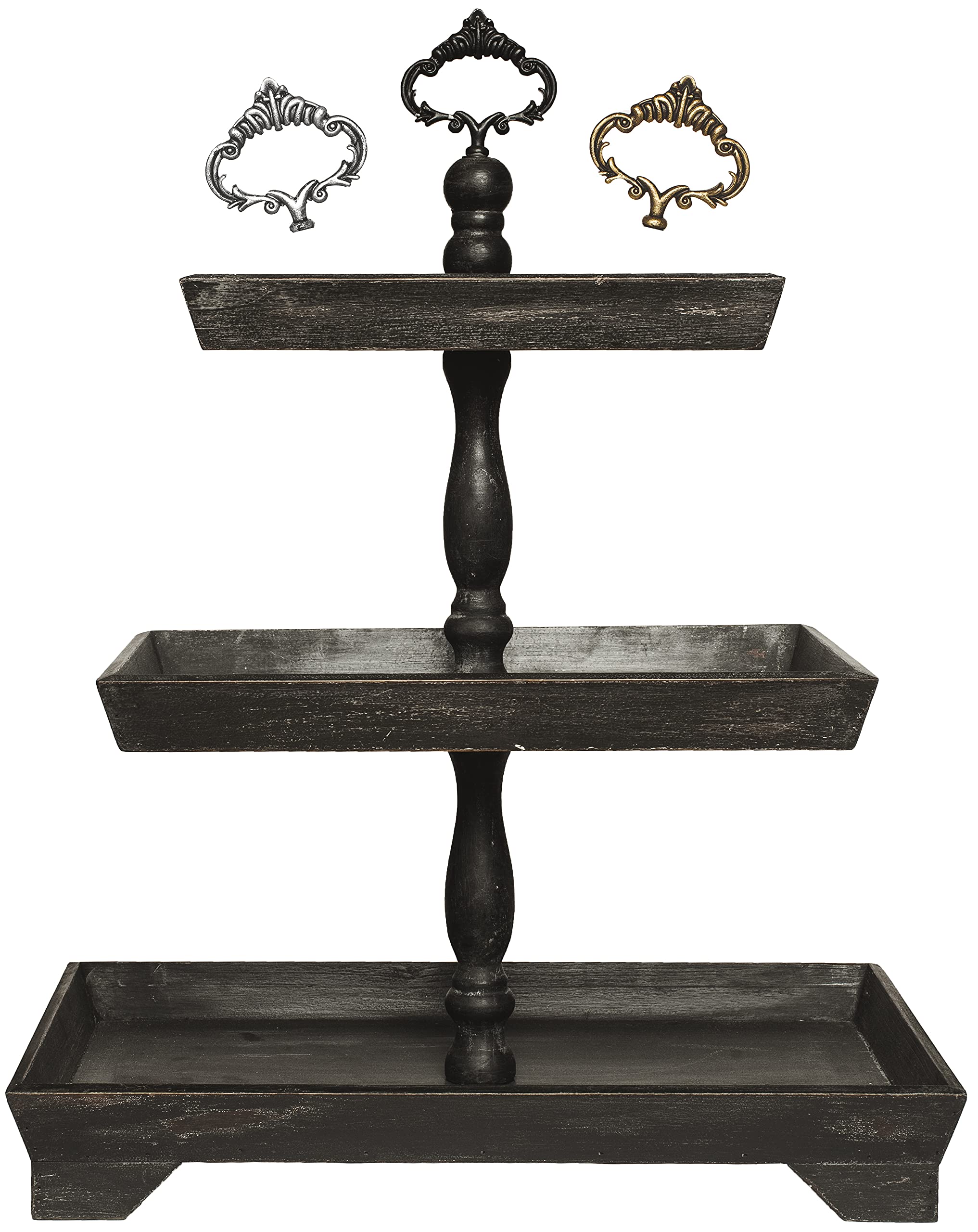 Large Rectangle Rustic Wood Three Tiered Tray, 3 Tier Serving for Coffee Bar, Kitchen Counter, Modern Farmhouse Table Decor, Cupcake Stand, Holiday - Felt Creative Home Goods (Black) with 3 Handles