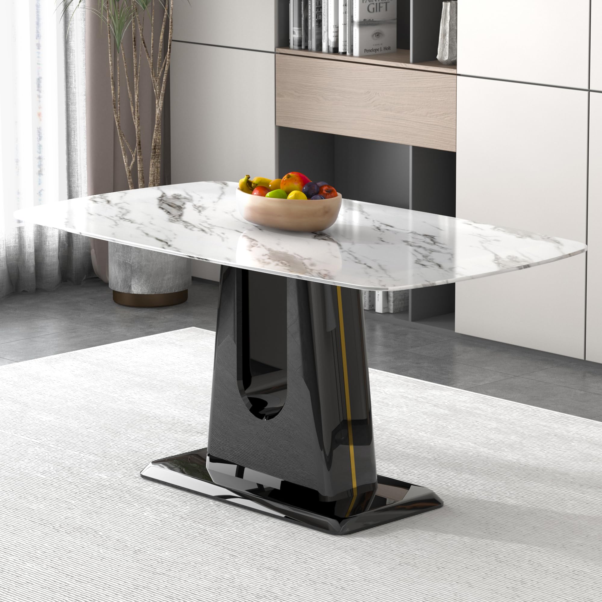 Mcltopz 63" Dining Table for 4-6 People, Modern Rectangular Dining Table with White Faux Marble Veneer Top & High Glossy Black Pedestal Base, Large Dinner Table Kitchen Table for Dining Room, Kitchen