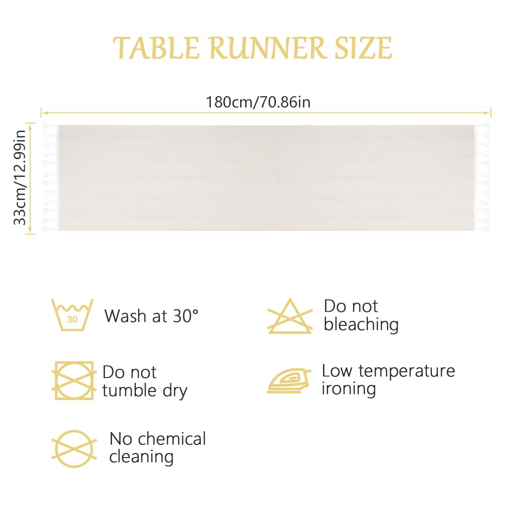 AUAUY Table Runner with Handmade Tassels, Boho Style Beige Weave Stripes Polyester Fabric Table Runner, Macrame Table Decoration for Holiday Party Dining Wedding and Everyday Use(13*70.87in)