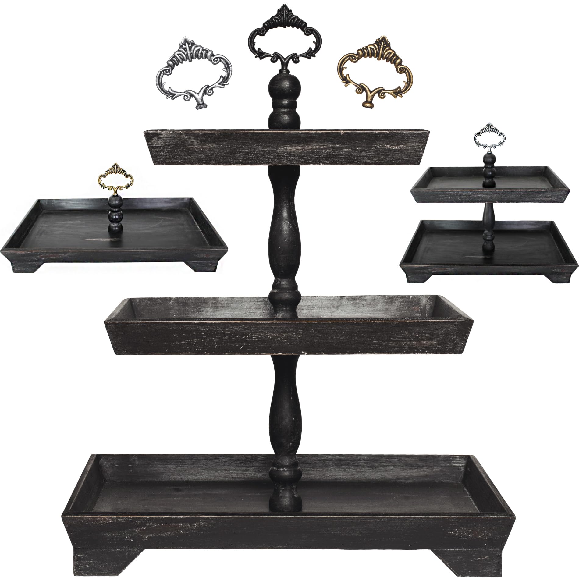 Large Rectangle Rustic Wood Three Tiered Tray, 3 Tier Serving for Coffee Bar, Kitchen Counter, Modern Farmhouse Table Decor, Cupcake Stand, Holiday - Felt Creative Home Goods (Black) with 3 Handles