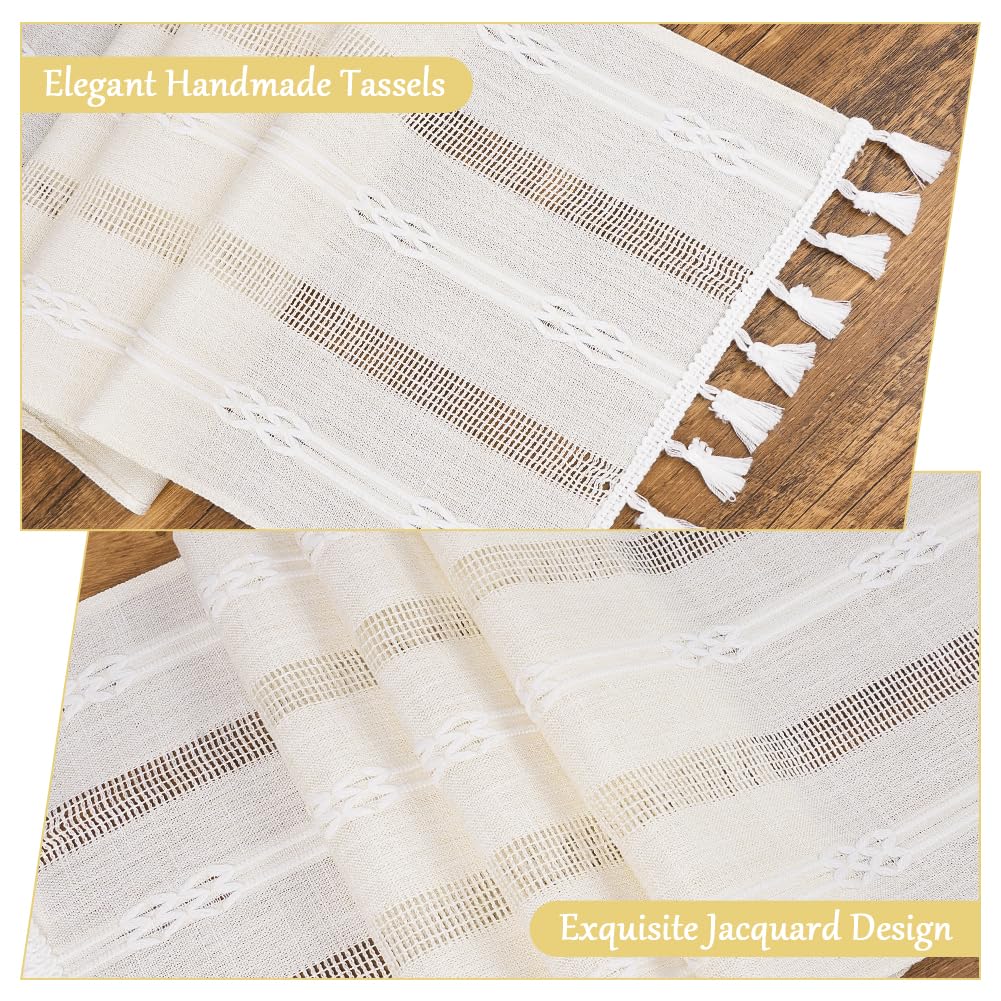 AUAUY Table Runner with Handmade Tassels, Boho Style Beige Weave Stripes Polyester Fabric Table Runner, Macrame Table Decoration for Holiday Party Dining Wedding and Everyday Use(13*70.87in)