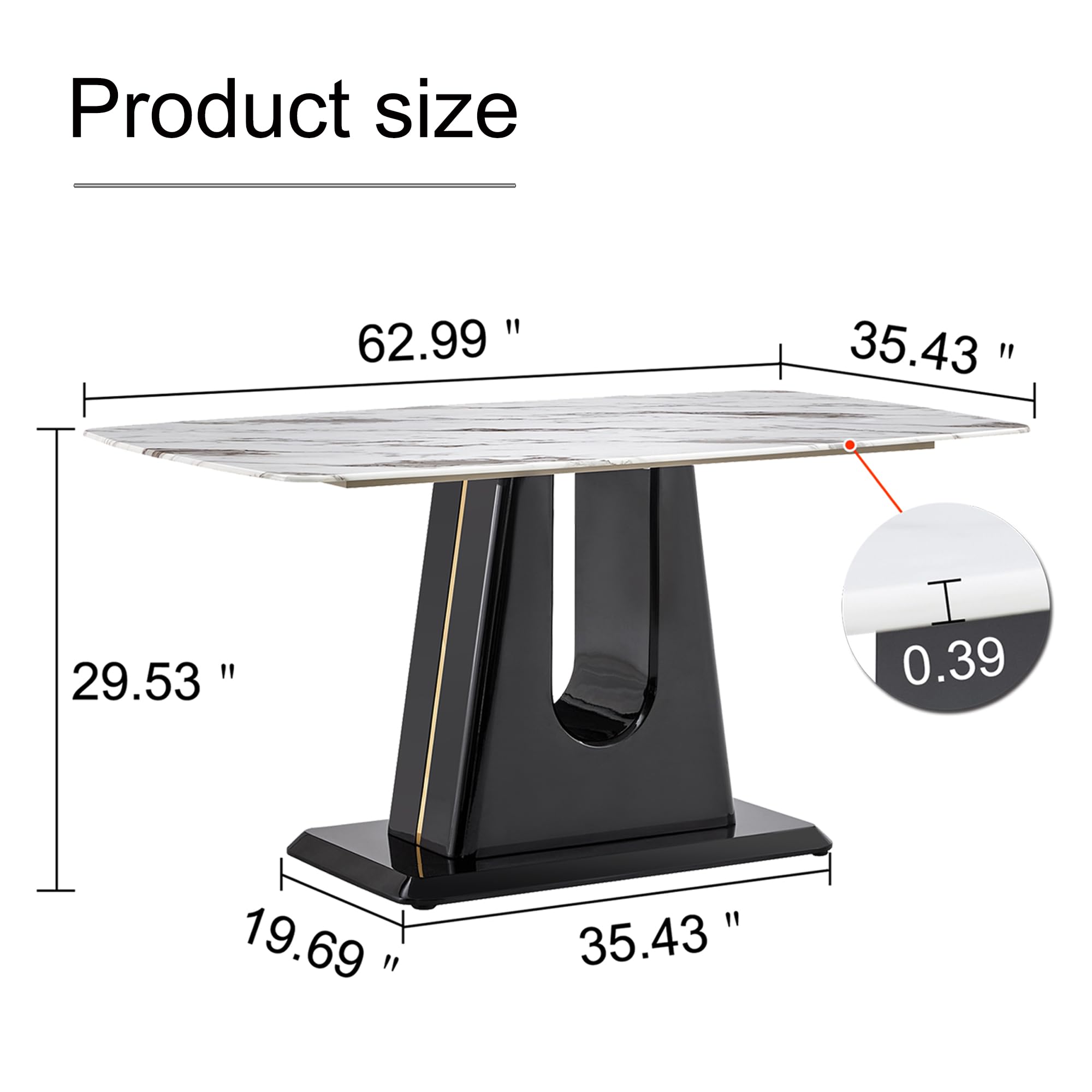 Mcltopz 63" Dining Table for 4-6 People, Modern Rectangular Dining Table with White Faux Marble Veneer Top & High Glossy Black Pedestal Base, Large Dinner Table Kitchen Table for Dining Room, Kitchen