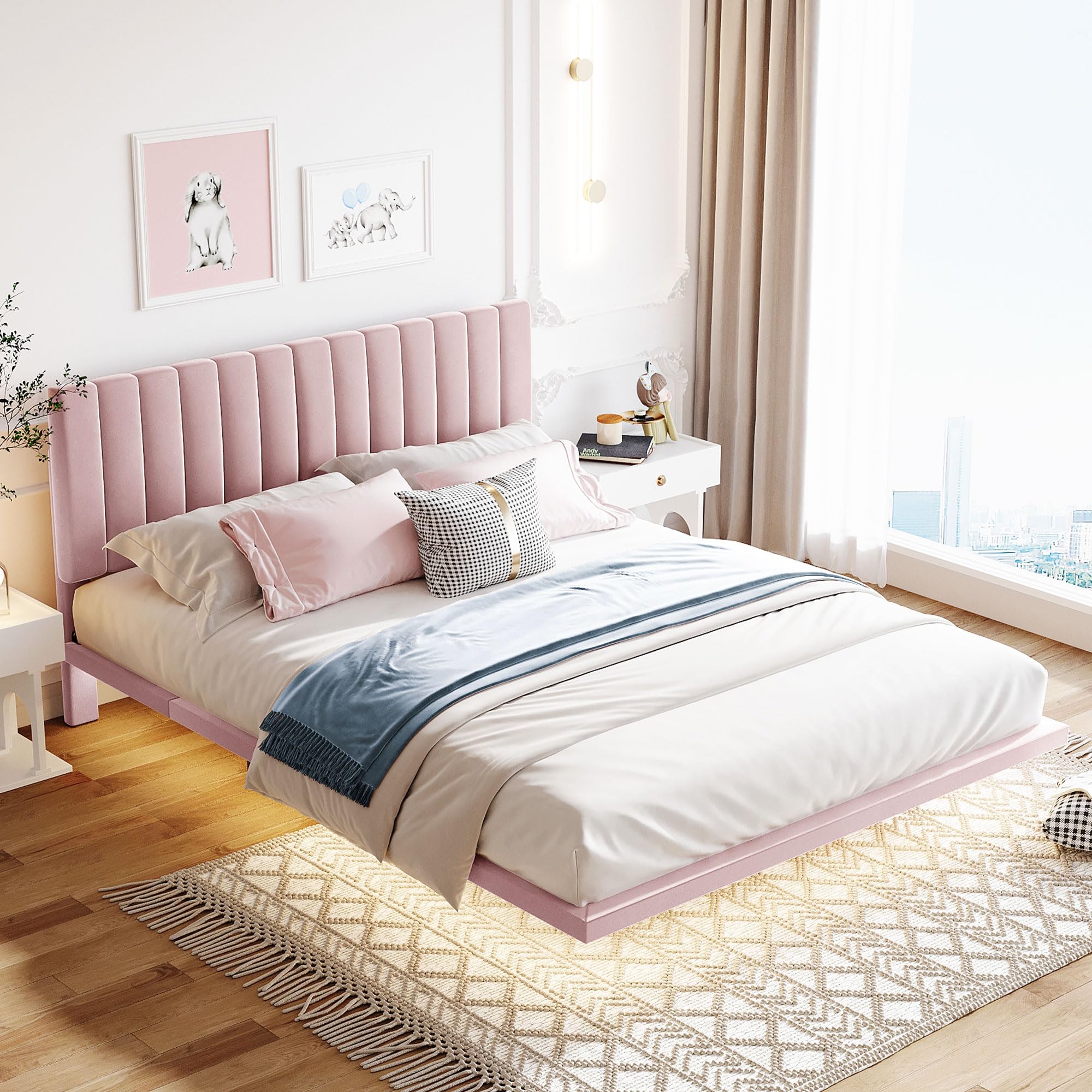 DNYN Upholstered Queen Size Floating Bed Frame with LED Lights & Headboard Design,Modern Velvet Fabric Platform Bedframe for Bedroom,Guest Room,Noise Free & Easy Assembly, Pink