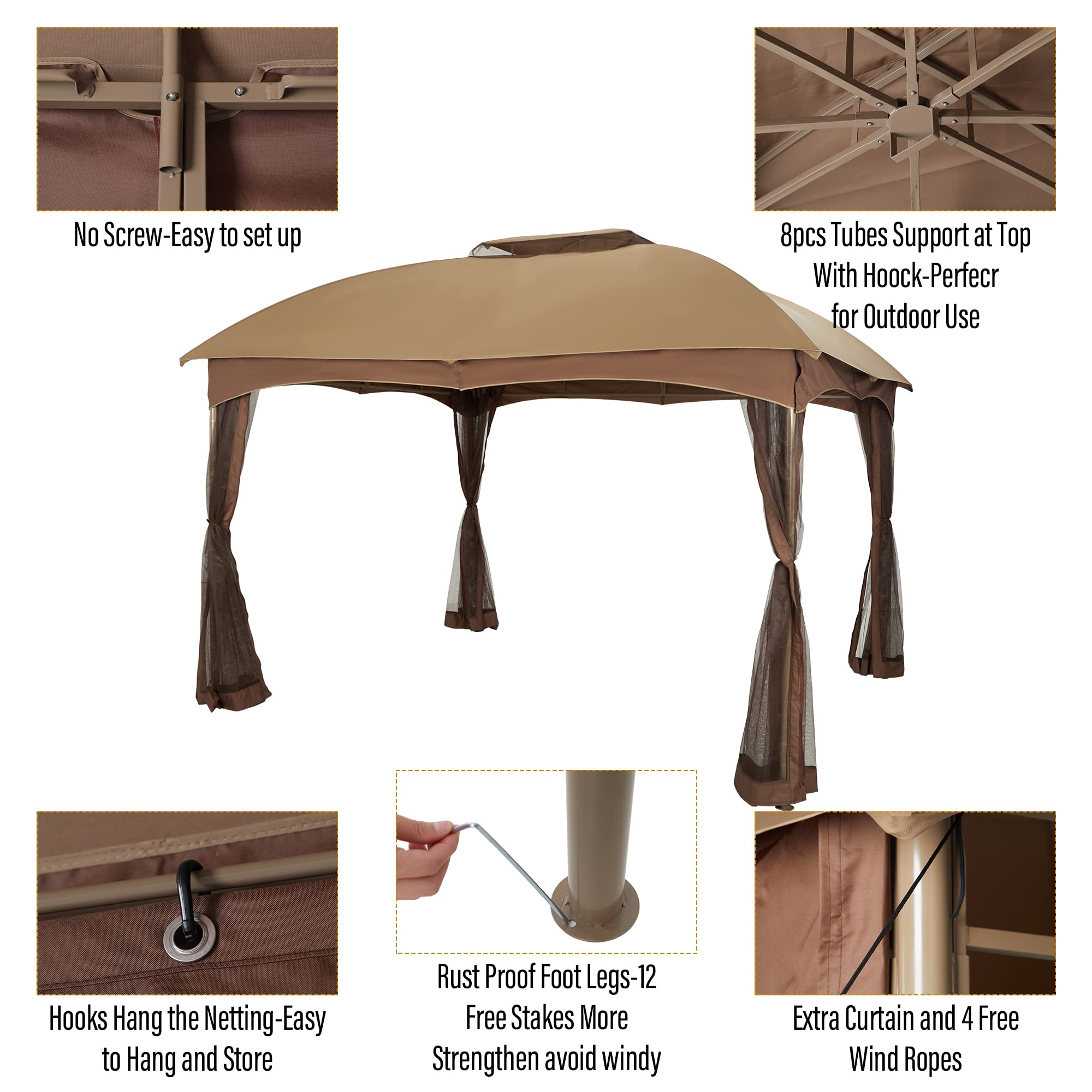 PHI VILLA 10x12 Gazebo Canopy for Patio, Double Vent Outdoor Canopy Gazebo with Netting, Screen Patio Gazebo Heavy Duty for Garden Deck Khaki