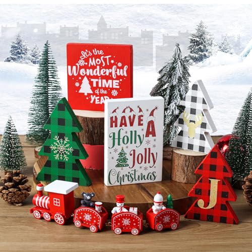 Christmas Decor, Christmas Decorations Indoor, 9PCS Christmas Tiered Tray Decor, Christmas Table Decorations with Christmas Train Set, Farmhouse Home Room Kitchen Mantle Decor