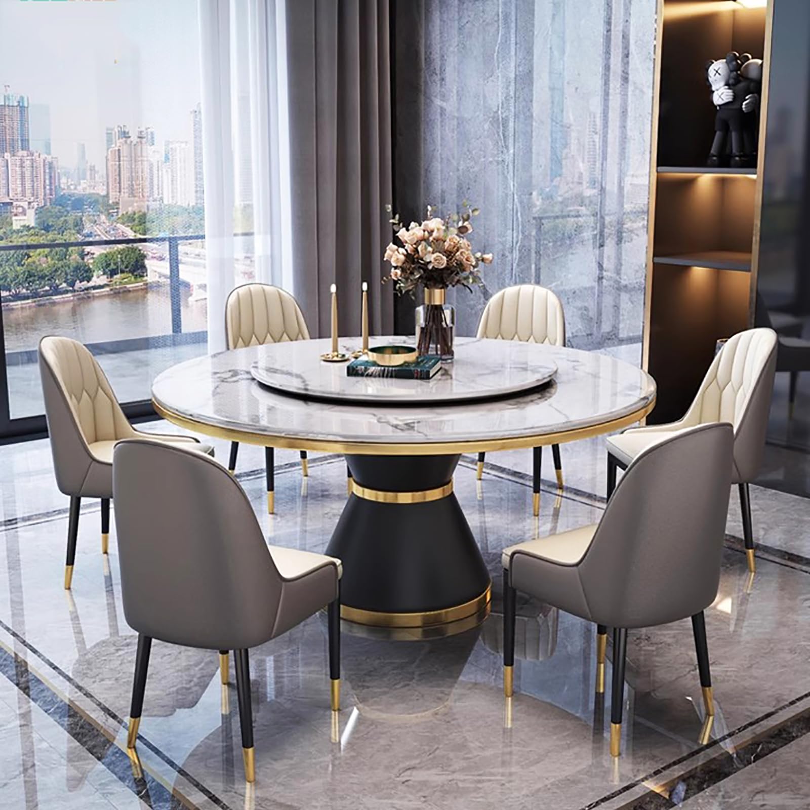 Topjia Round Marble Dining Table with Lazy Susan,Luxury Style Kitchen & Dining Room Tables with Metal Base,Modern Circular Pedestal Dining Table - Table Only(59" L x 59" W x 29.5" H, Black)