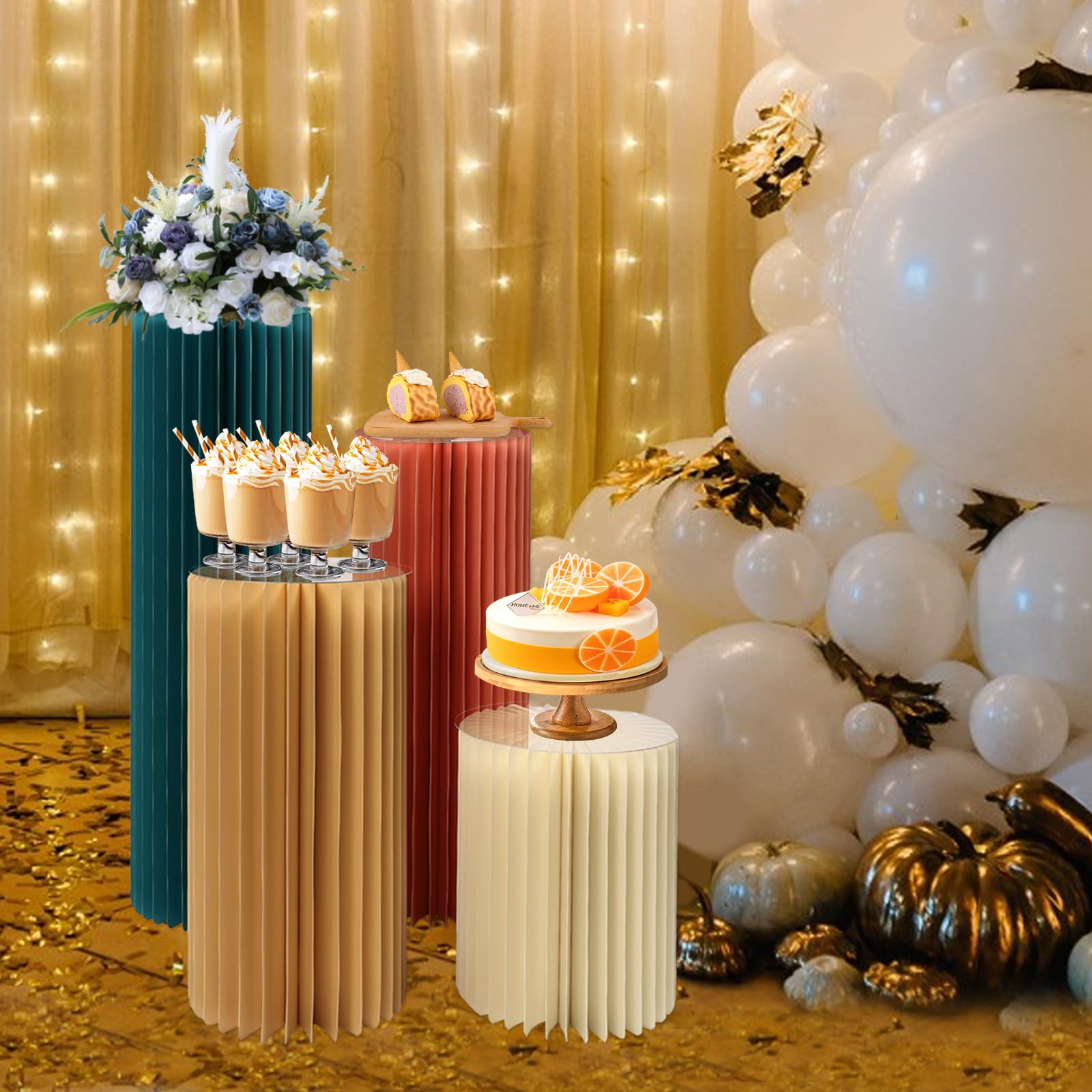 Foldable Paper Columns Display Pedestals Stands for Wedding Engagement Birthday Party Decoration Four Packs White Champagne Light Pink Blue