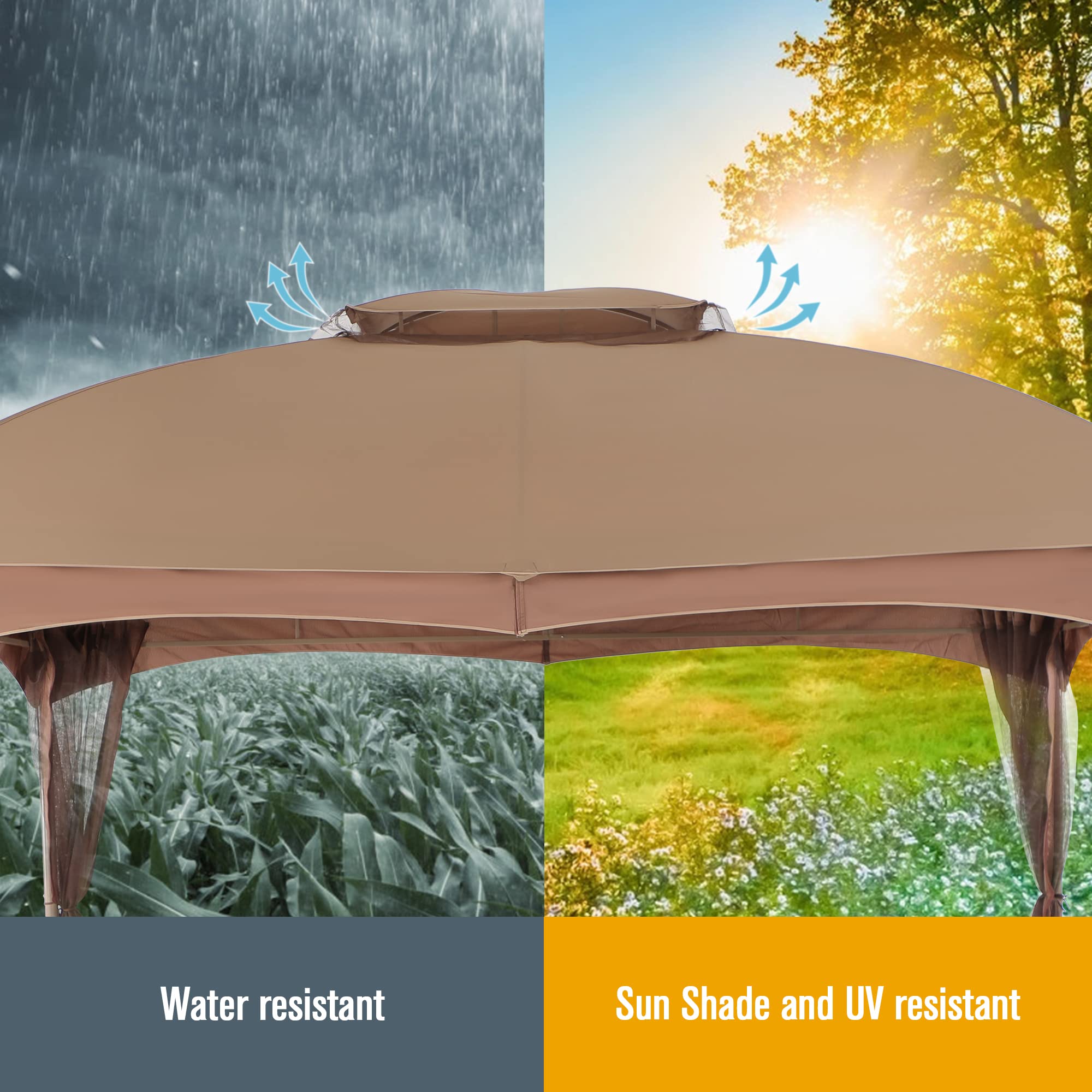 PHI VILLA 10x12 Gazebo Canopy for Patio, Double Vent Outdoor Canopy Gazebo with Netting, Screen Patio Gazebo Heavy Duty for Garden Deck Khaki