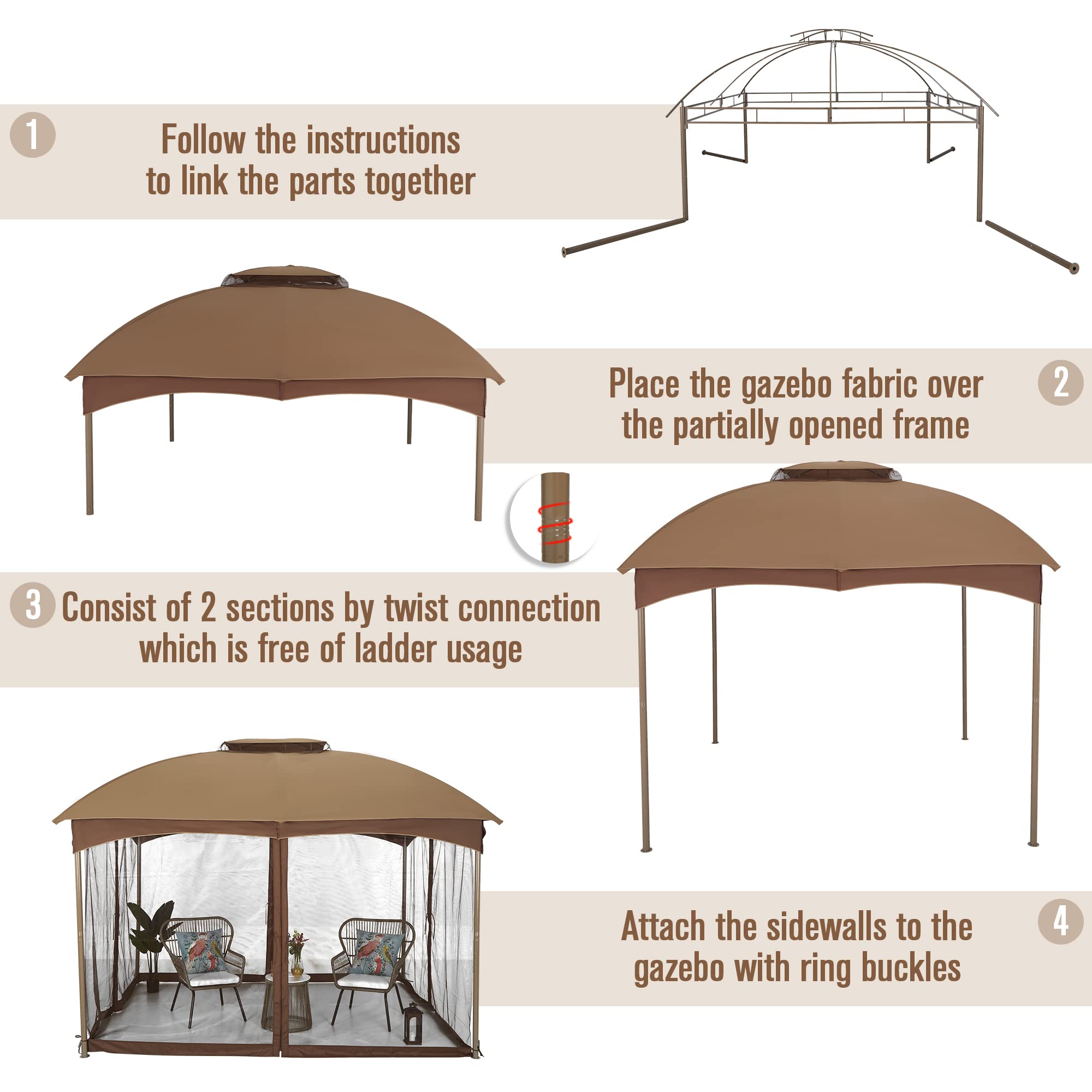 PHI VILLA 10x12 Gazebo Canopy for Patio, Double Vent Outdoor Canopy Gazebo with Netting, Screen Patio Gazebo Heavy Duty for Garden Deck Khaki