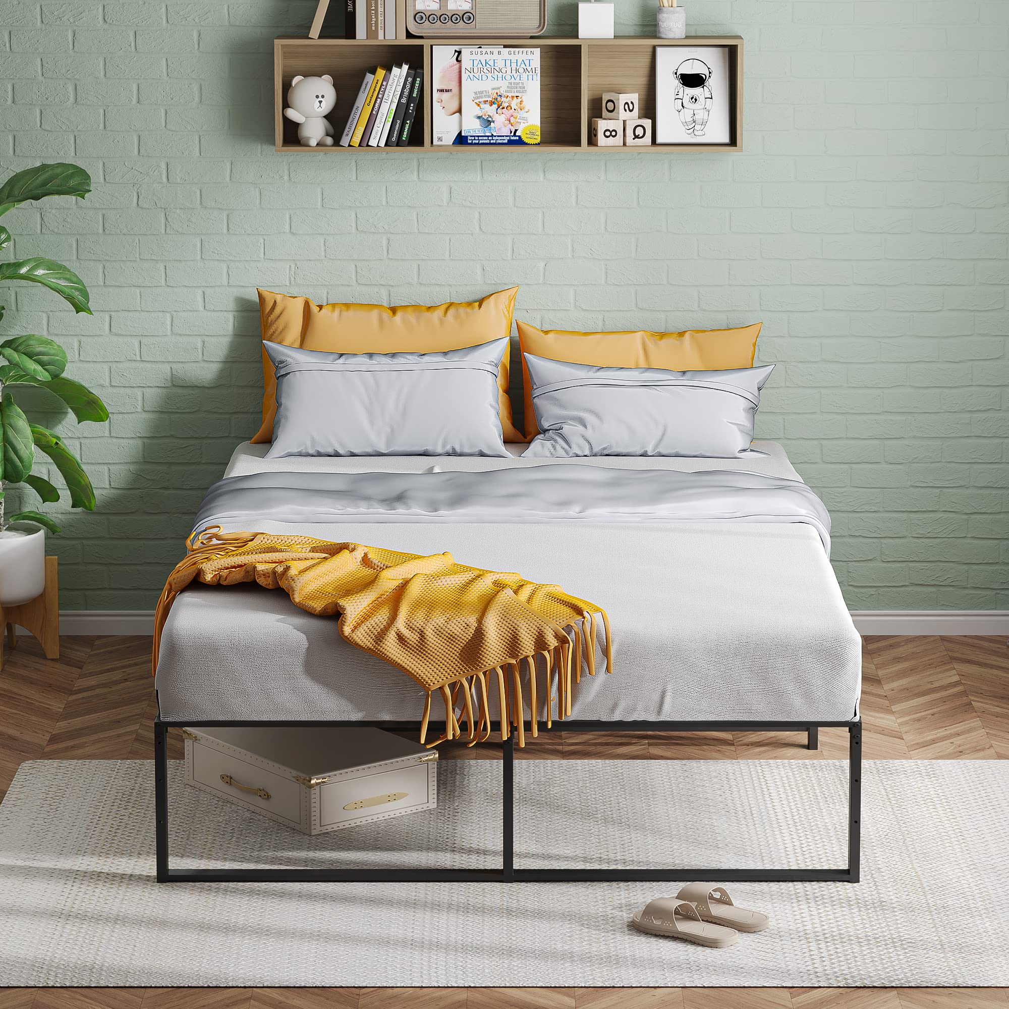 Alkmaar Queen Size Metal Bed Frame, 14 Inch Queen Bed Platform with 3 in 1 Steel Support, Heavy Duty No Box Spring Needed Mattress Foundation Easy Assemble Bedframe, Black