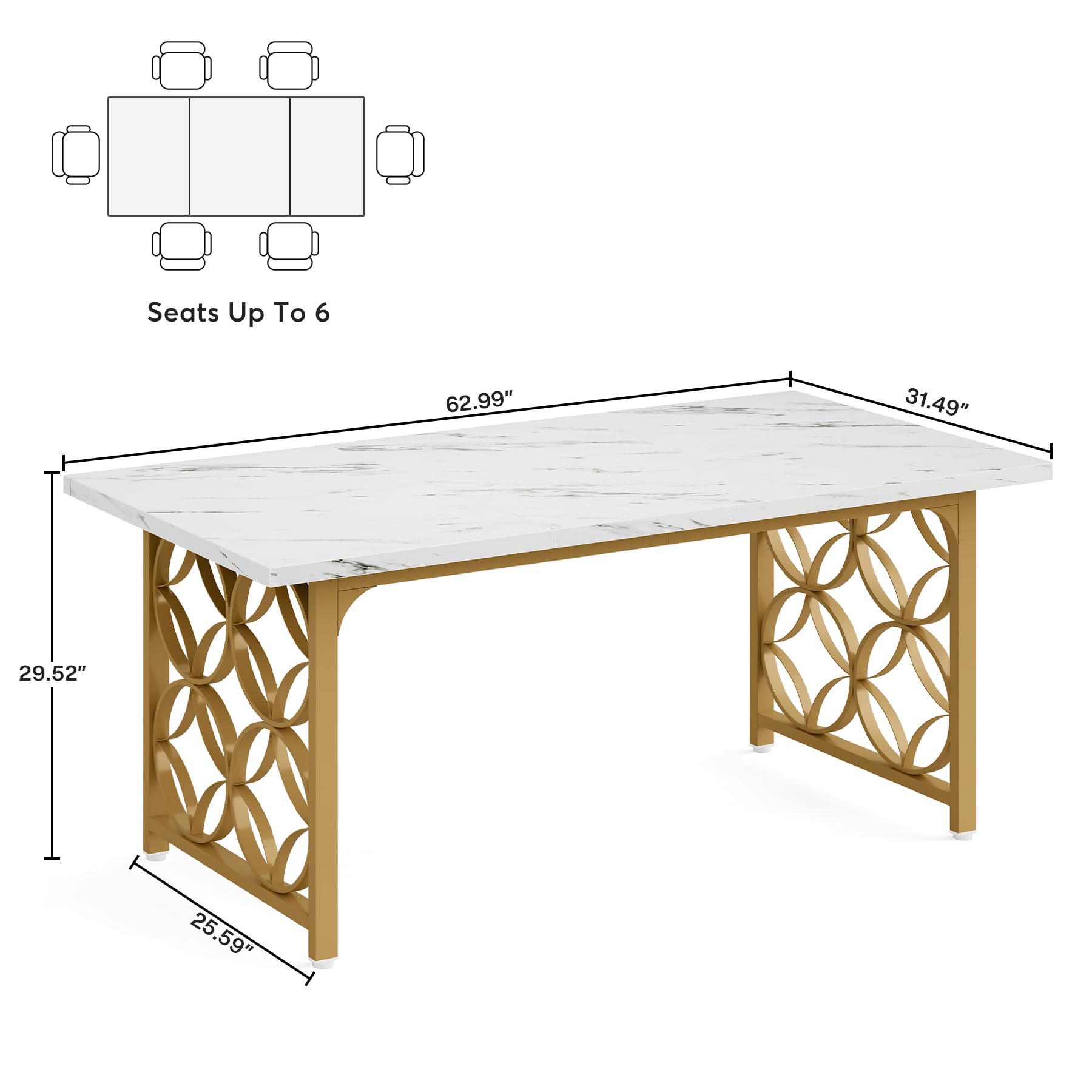 Tribesigns Dining Table, 63-inch Modern Marble Dining Room Table for 6 People, Rectangular Kitchen Table with Gold Metal Frame for Kitchen, Dining Room (White and Gold)