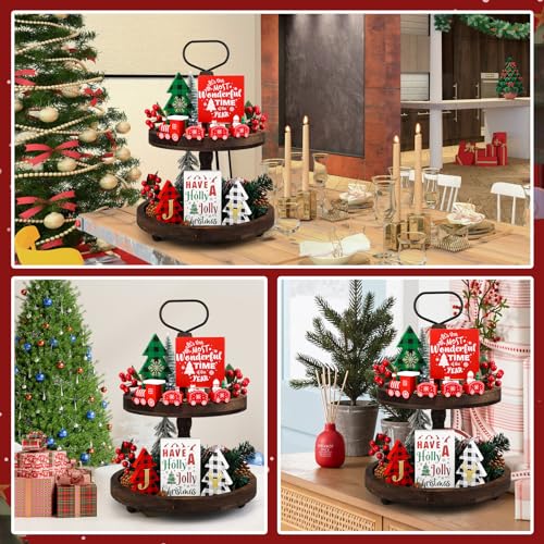 Christmas Decor, Christmas Decorations Indoor, 9PCS Christmas Tiered Tray Decor, Christmas Table Decorations with Christmas Train Set, Farmhouse Home Room Kitchen Mantle Decor