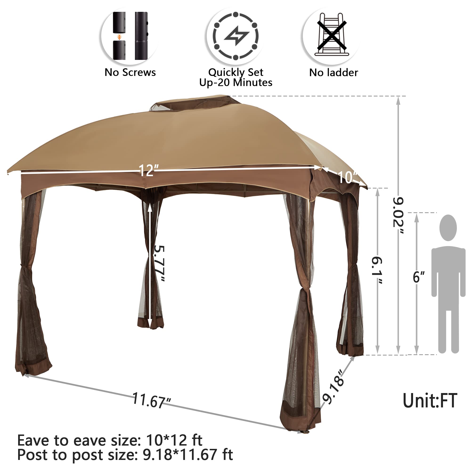 PHI VILLA 10x12 Gazebo Canopy for Patio, Double Vent Outdoor Canopy Gazebo with Netting, Screen Patio Gazebo Heavy Duty for Garden Deck Khaki